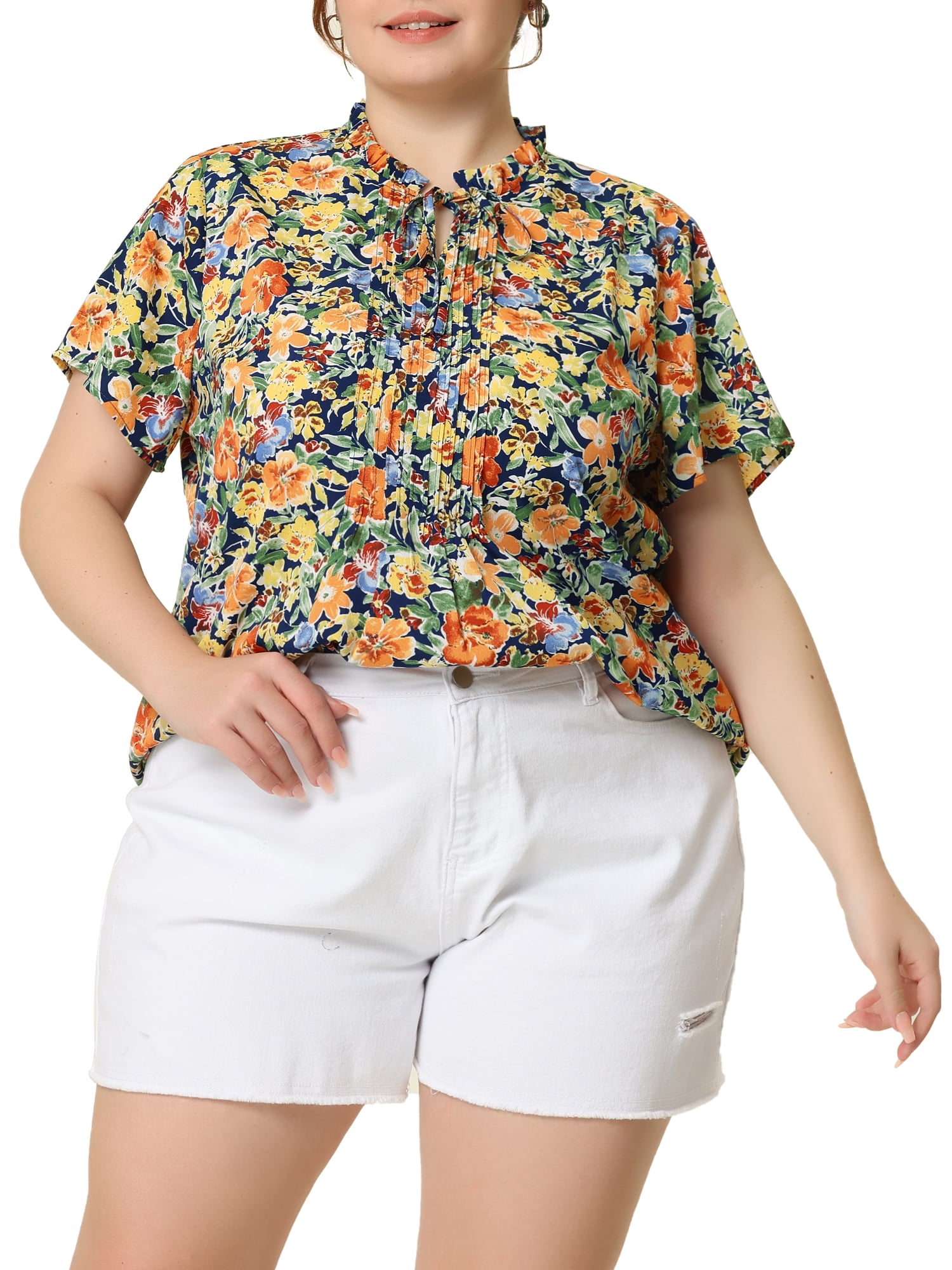 Agnes Orinda Women's Plus Size Tops Spring Floral Tie Neck Short Sleeve ...