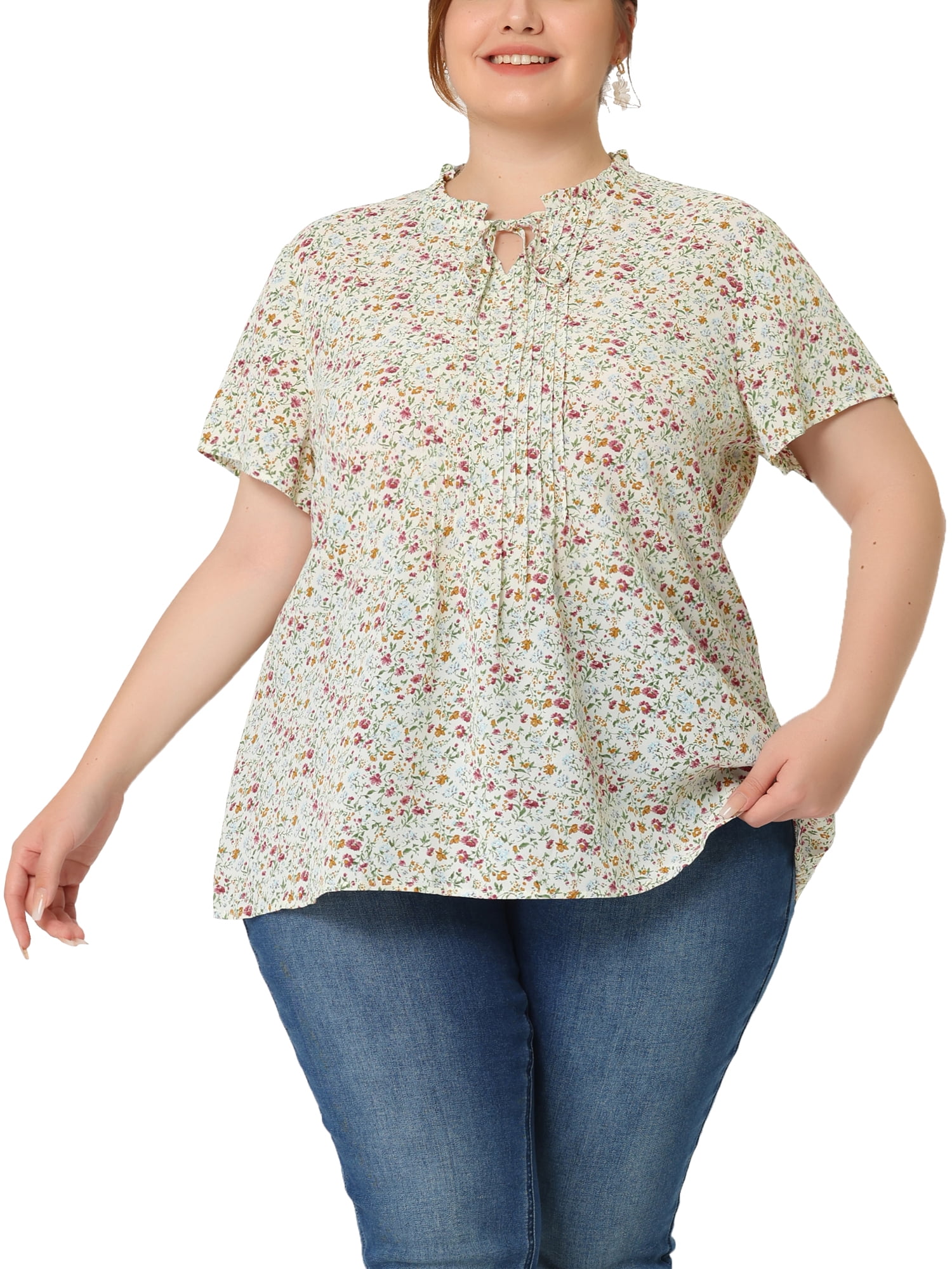 Agnes Orinda Women's Plus Size Tops Spring Floral Tie Neck Short Sleeve ...