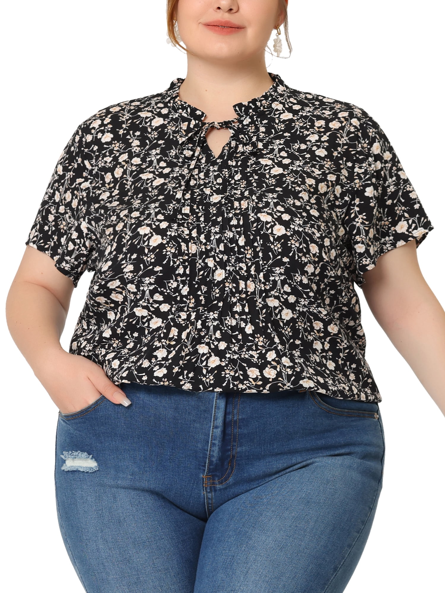 Agnes Orinda Womens Plus Size Tops Spring Floral Tie Neck Short Sleeve
