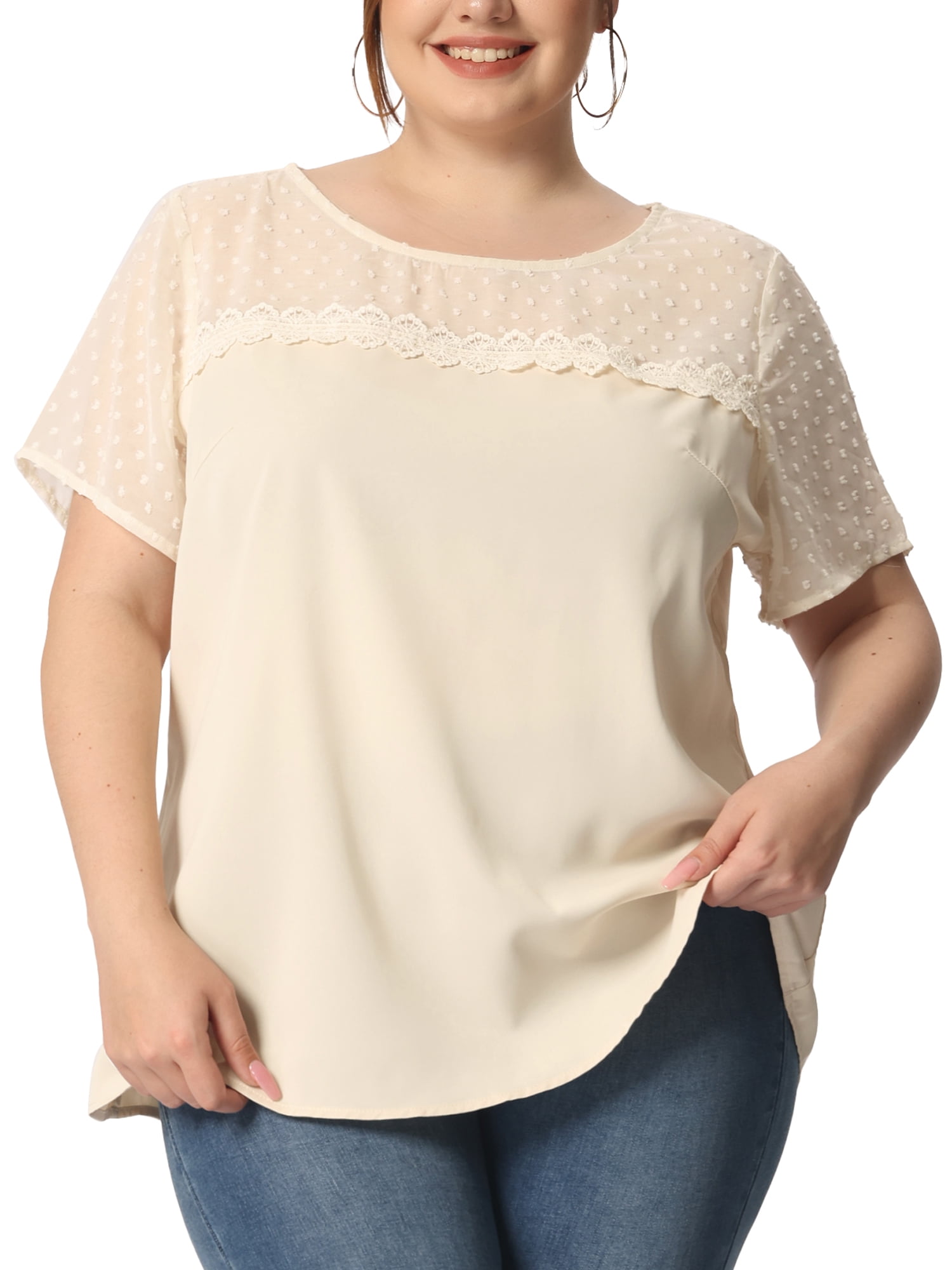 Agnes Orinda Women's Plus Size Tops Polka Dots Lace Panel Short Sleeve ...