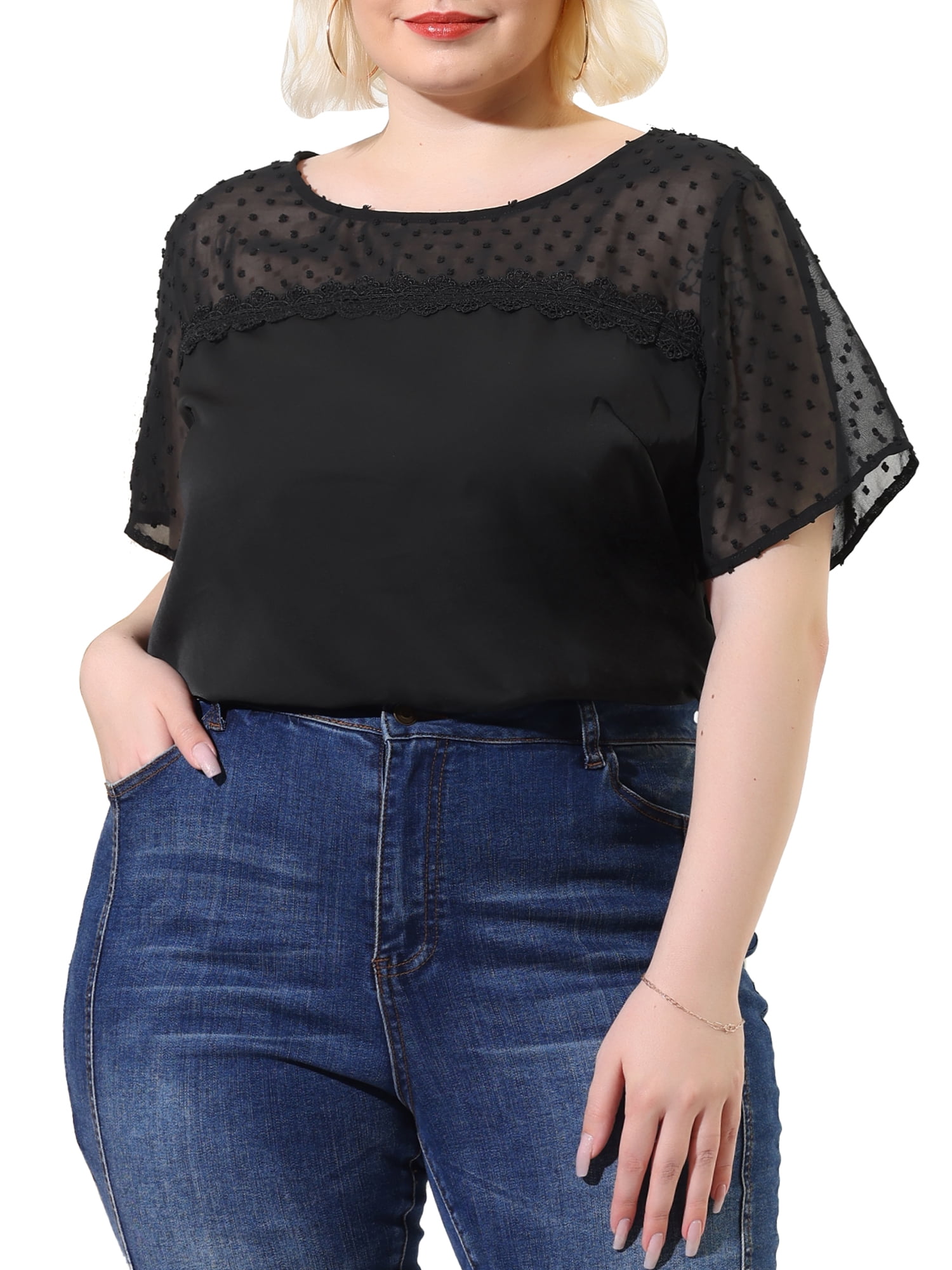 Agnes Orinda Women's Plus Size Tops Polka Dots Lace Panel Short Sleeve ...