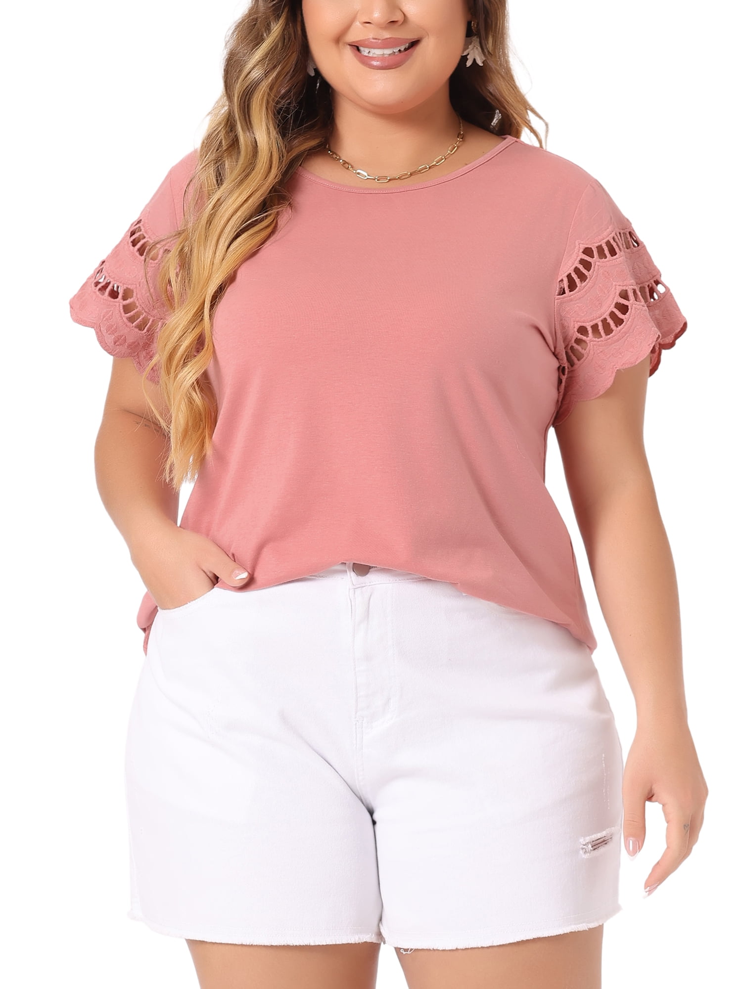 Agnes Orinda Women's Plus Size Tops Lace Panel Hollow Short Sleeves ...