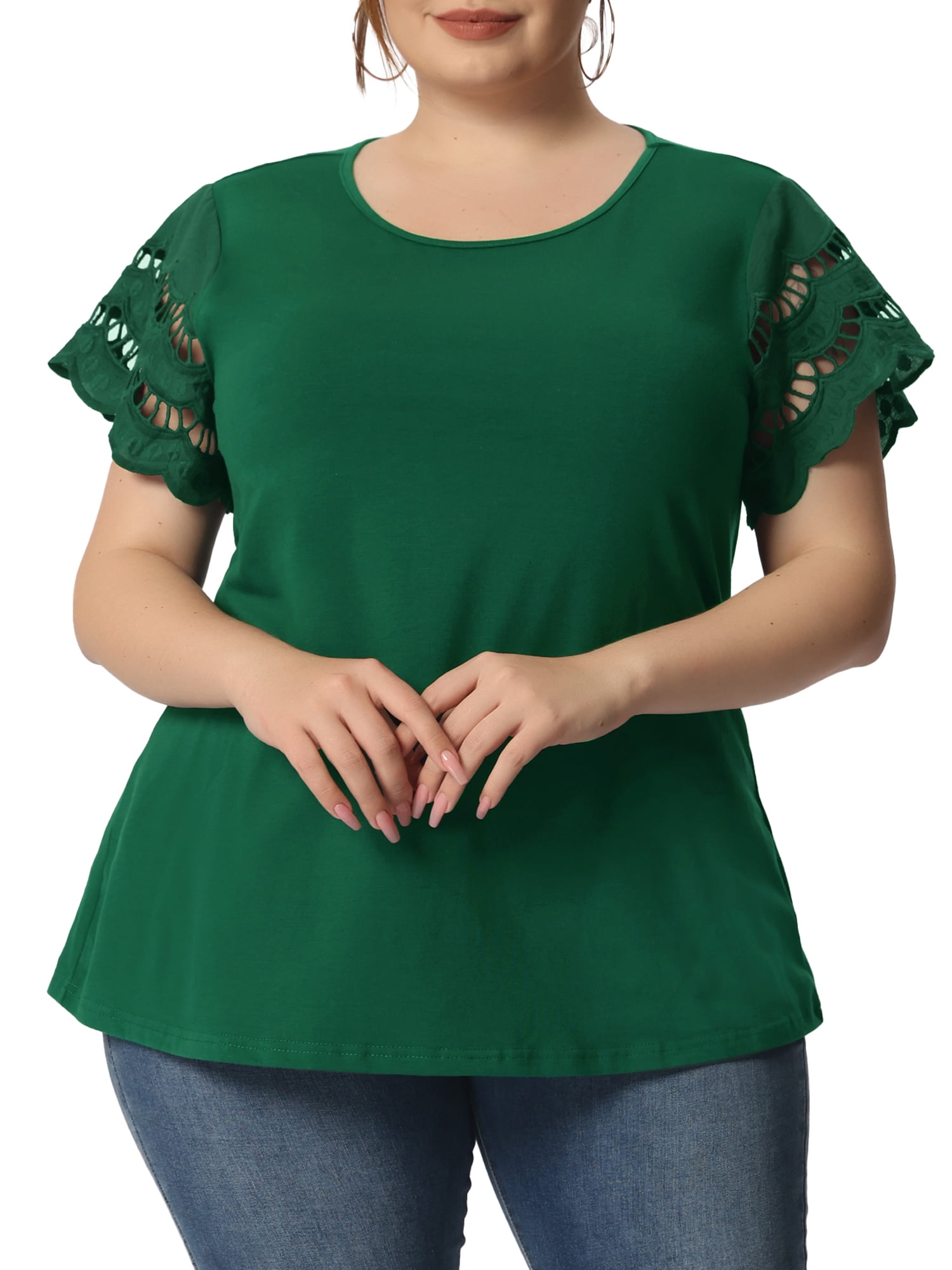 Agnes Orinda Women's Plus Size Tops Lace Panel Short Sleeves Spring ...