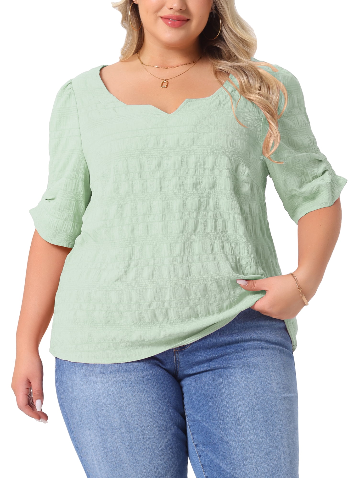 Agnes Orinda Women's Plus Size Tops Texture Pleated Notched V Neck ...
