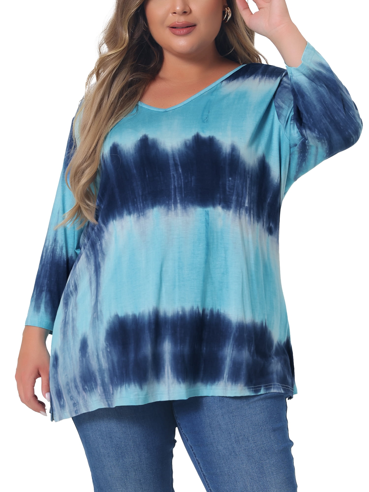 Agnes Orinda Women's Plus Size Tops Tie Dye Stripes V Neck 3/4 Sleeves ...