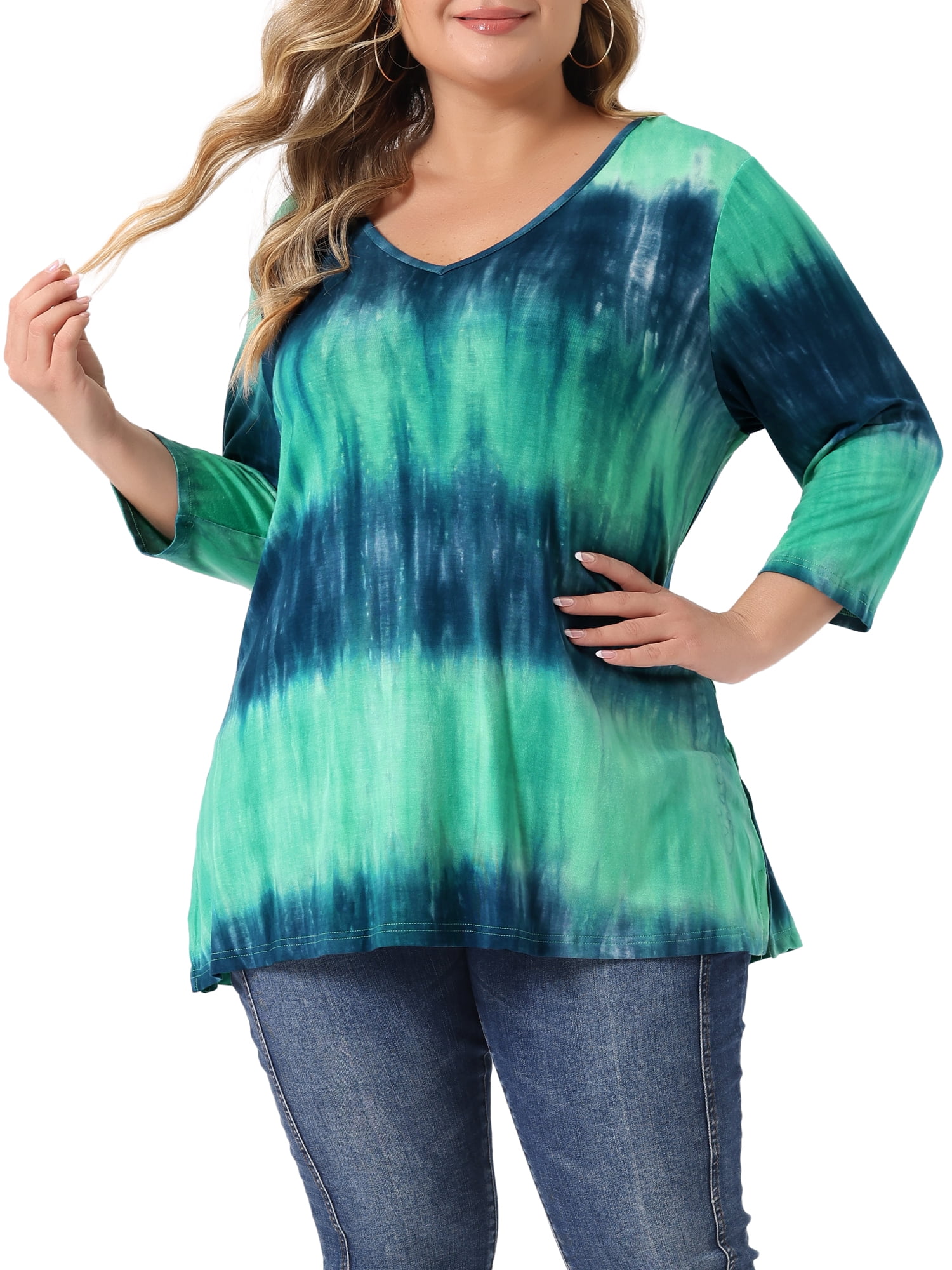 Agnes Orinda Women's Plus Size Tops Tie Dye Stripes V Neck 3/4 Sleeves ...