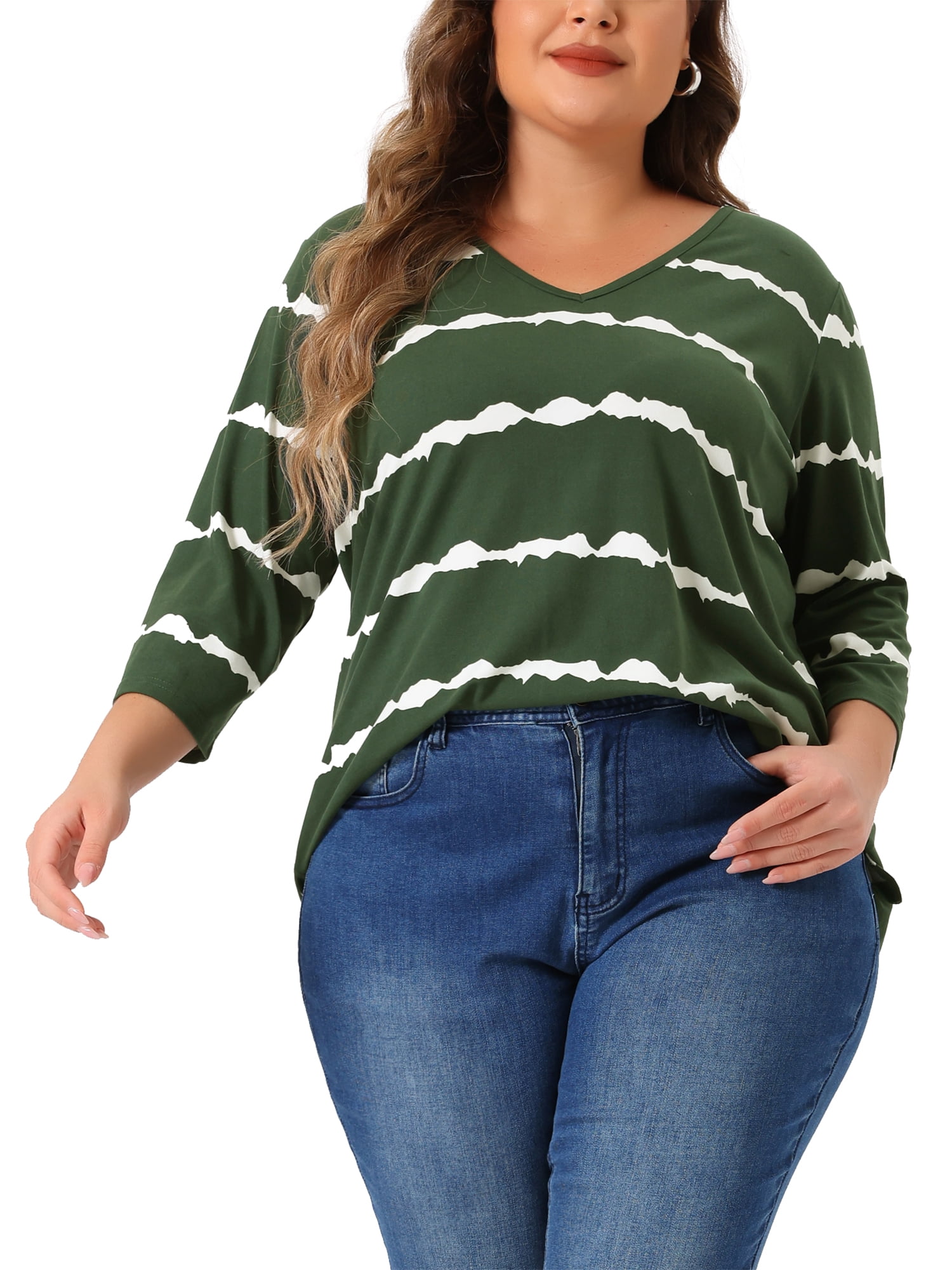 Agnes Orinda Women's Plus Size Tops V Neck 3/4 Sleeve Tie Dye Stripes ...