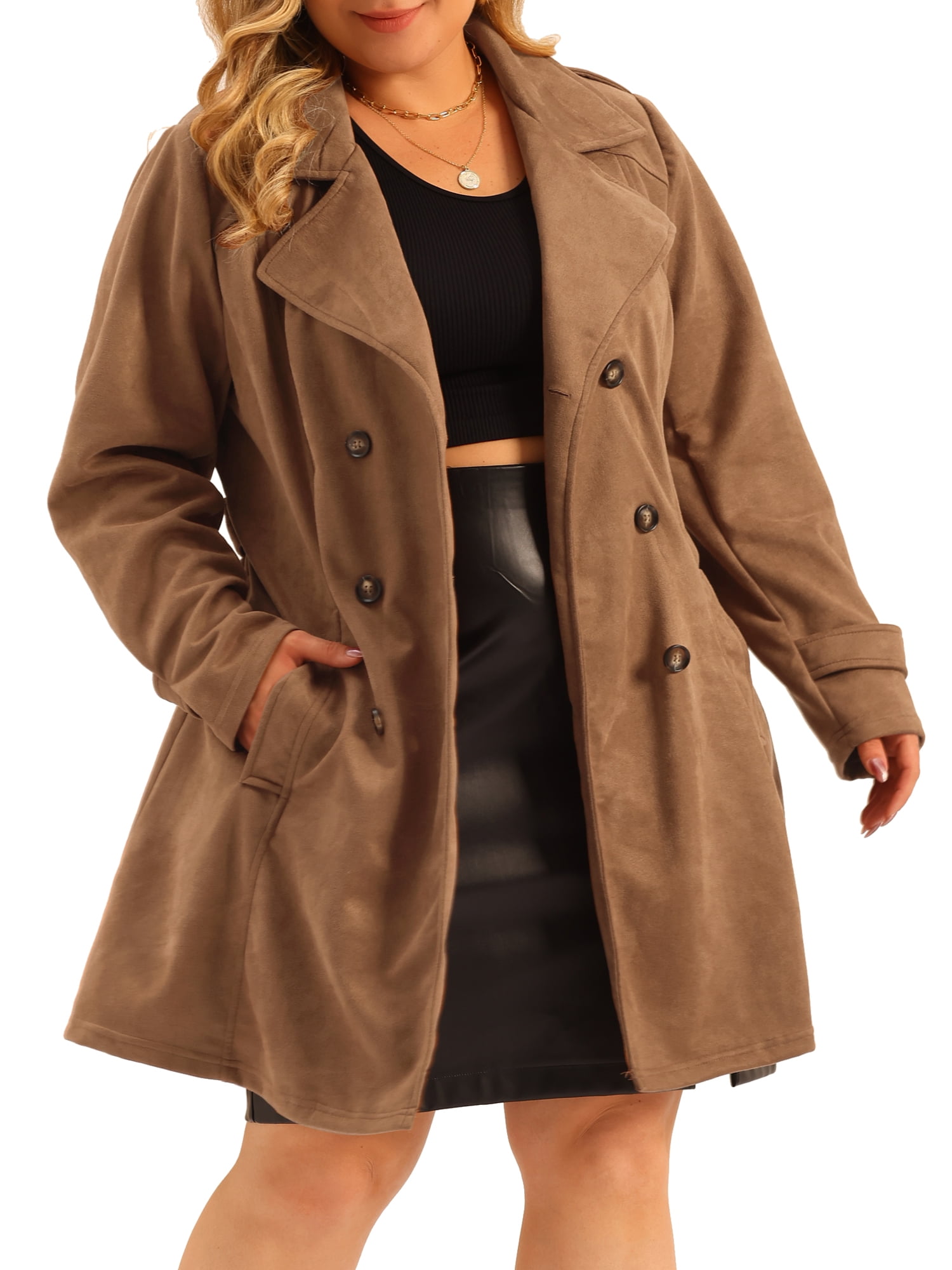Agnes Orinda Women's Plus Size Coat Faux Suede Double Breasted Belted ...