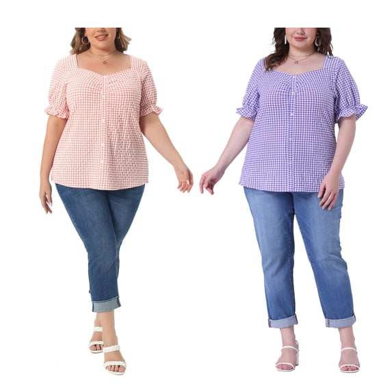 Agnes Orinda Women's Plus Size Two Piece Gingham Tops Plaid Sweetheart ...