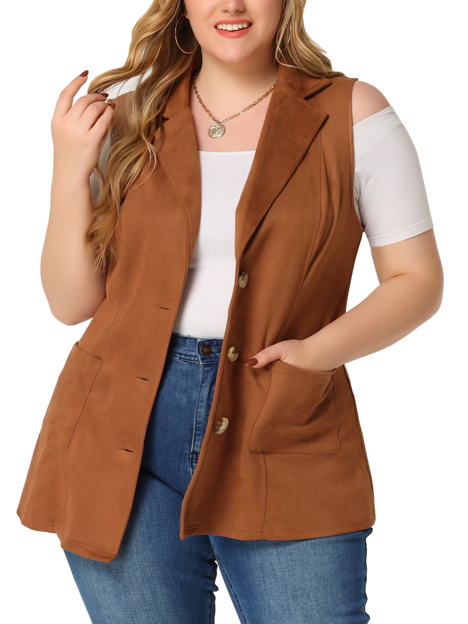 Agnes Orinda Women's Plus Size Vest Jacket Notch Lapel Casual Utility ...