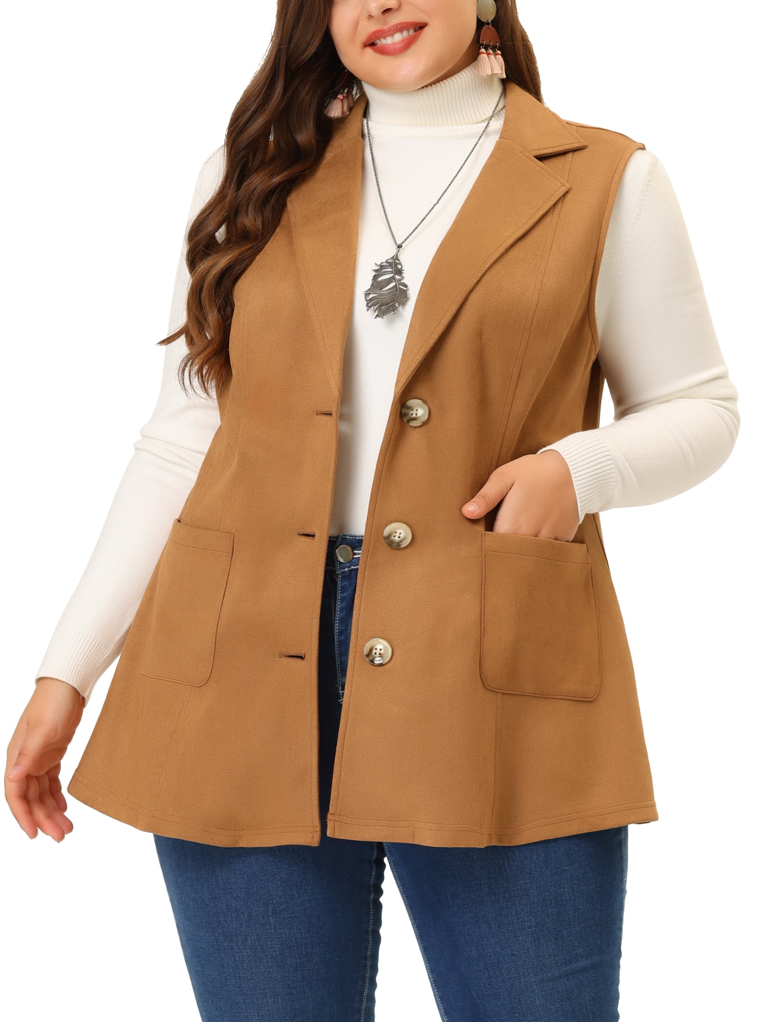 Agnes Orinda Women's Plus Size Utility Vest Notch Lapel Casual Suede ...