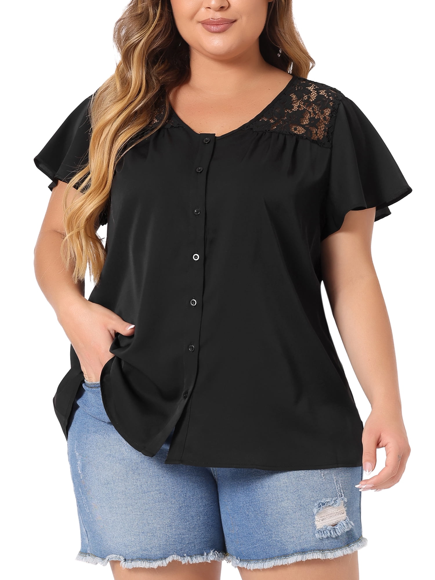 Agnes Orinda Women's Plus Size V Neck Full Placket Lace Panel Flare ...