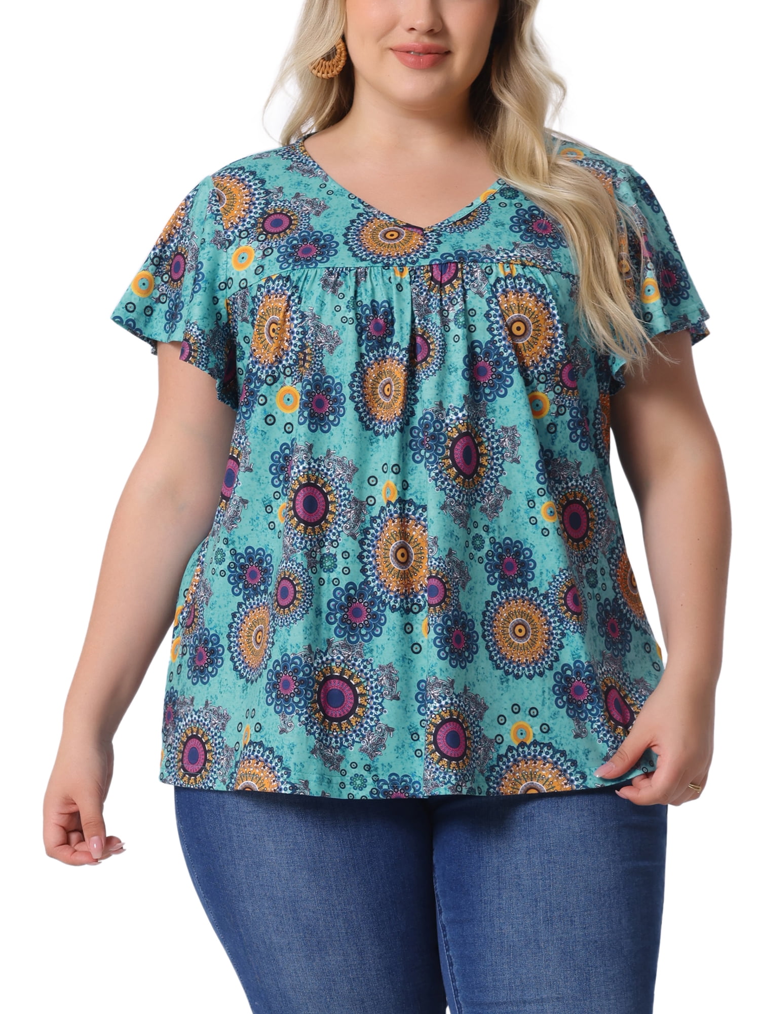 Agnes Orinda Women's Plus Size Floral Tops Ruffle Pleated V Neck Short ...