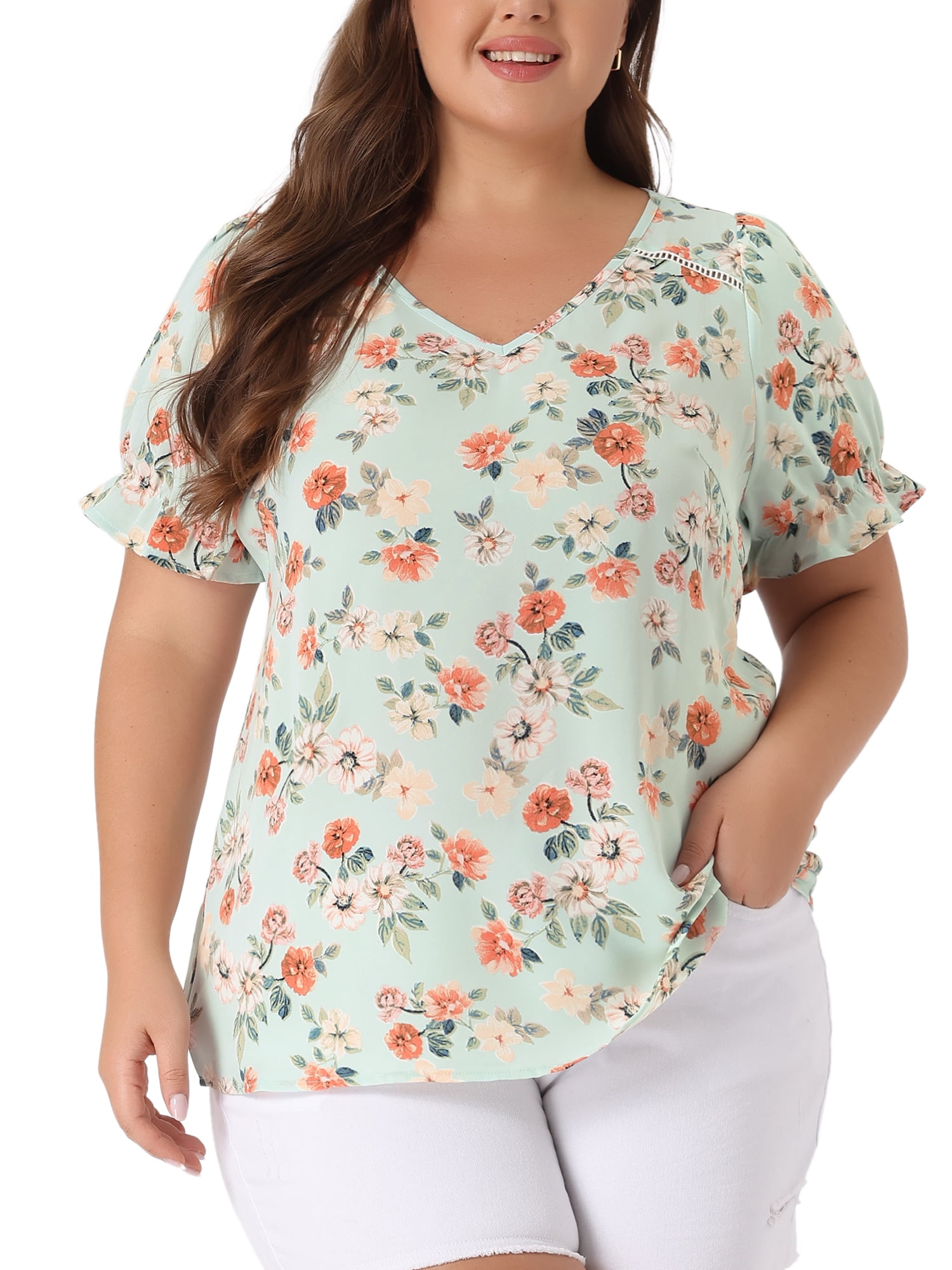 Agnes Orinda Women's Plus Size Floral Tops V Neck Ruffle Short Sleeve ...