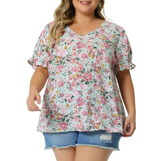 Agnes Orinda Womens Plus Size V Neck Ruffle Sleeve Floral Blouse