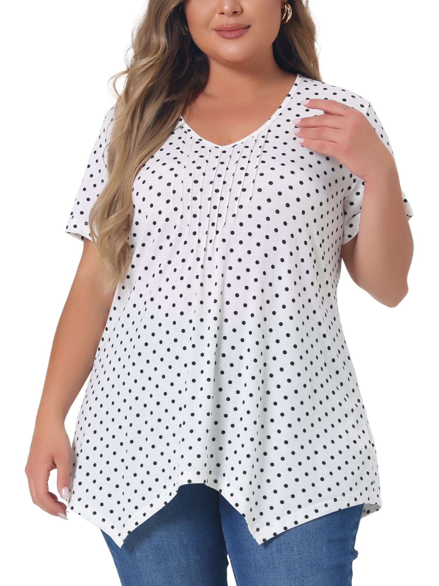 Agnes Orinda Womens Plus Size V Neck Short Sleeve Asymmetric Hem Polka Dots Pintuck Top