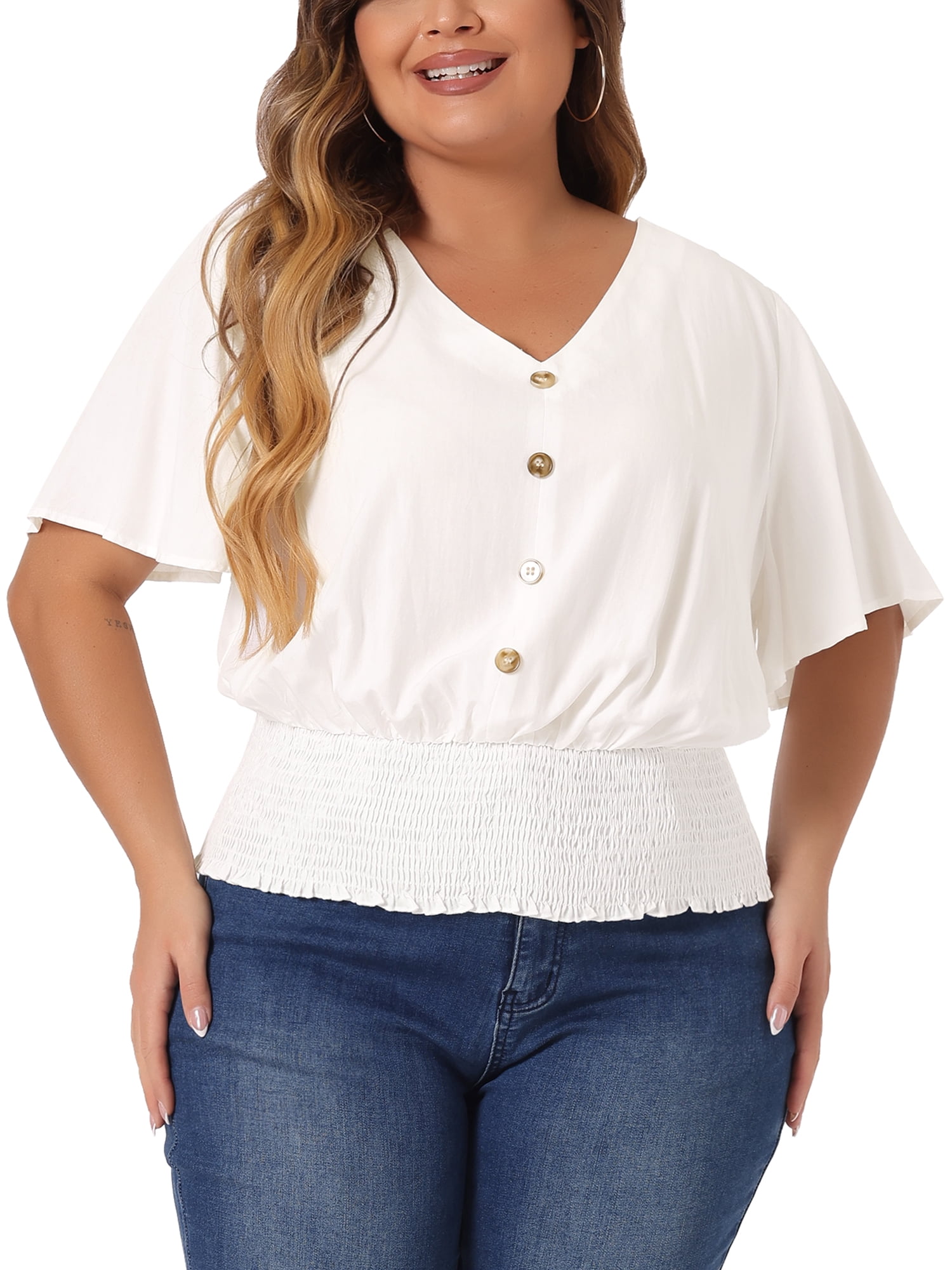 Agnes Orinda Women's Plus Size V Neck Short Sleeve Button Decor Smocked ...