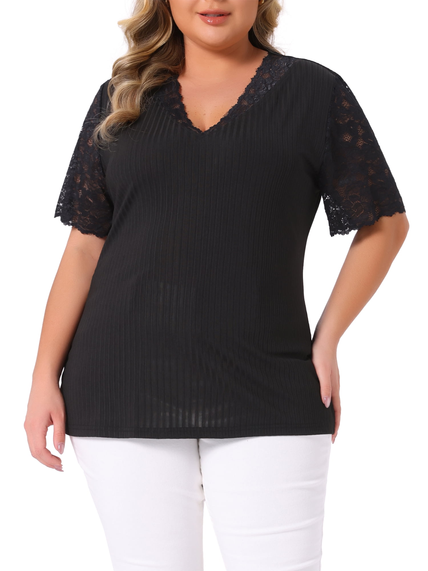 Agnes Orinda Women's Plus Size V Neck Lace Short Sleeve Elegant Spring ...