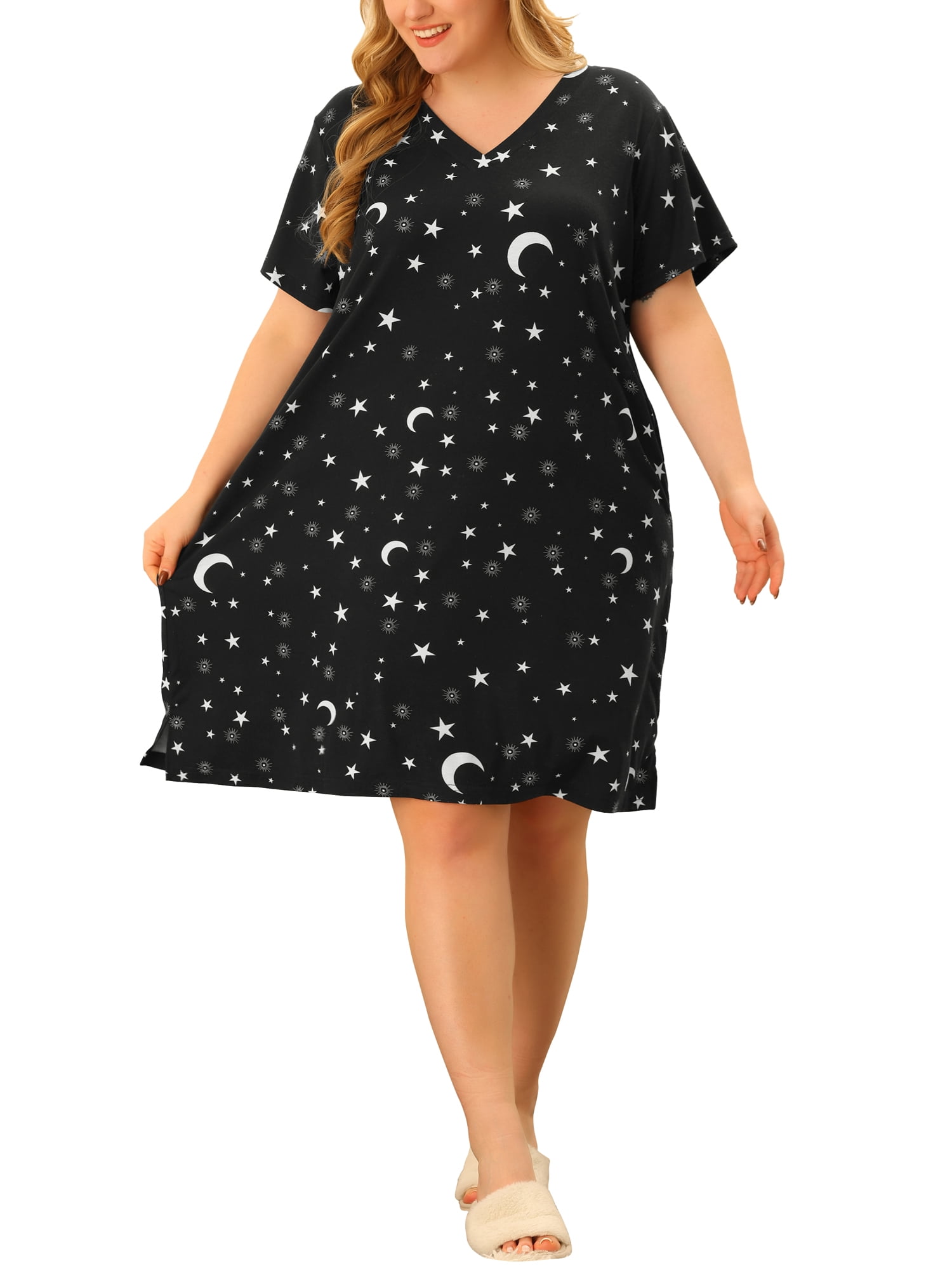 Agnes Orinda Women's Plus Size V Neck Short Sleeve Nightgown Pocket ...