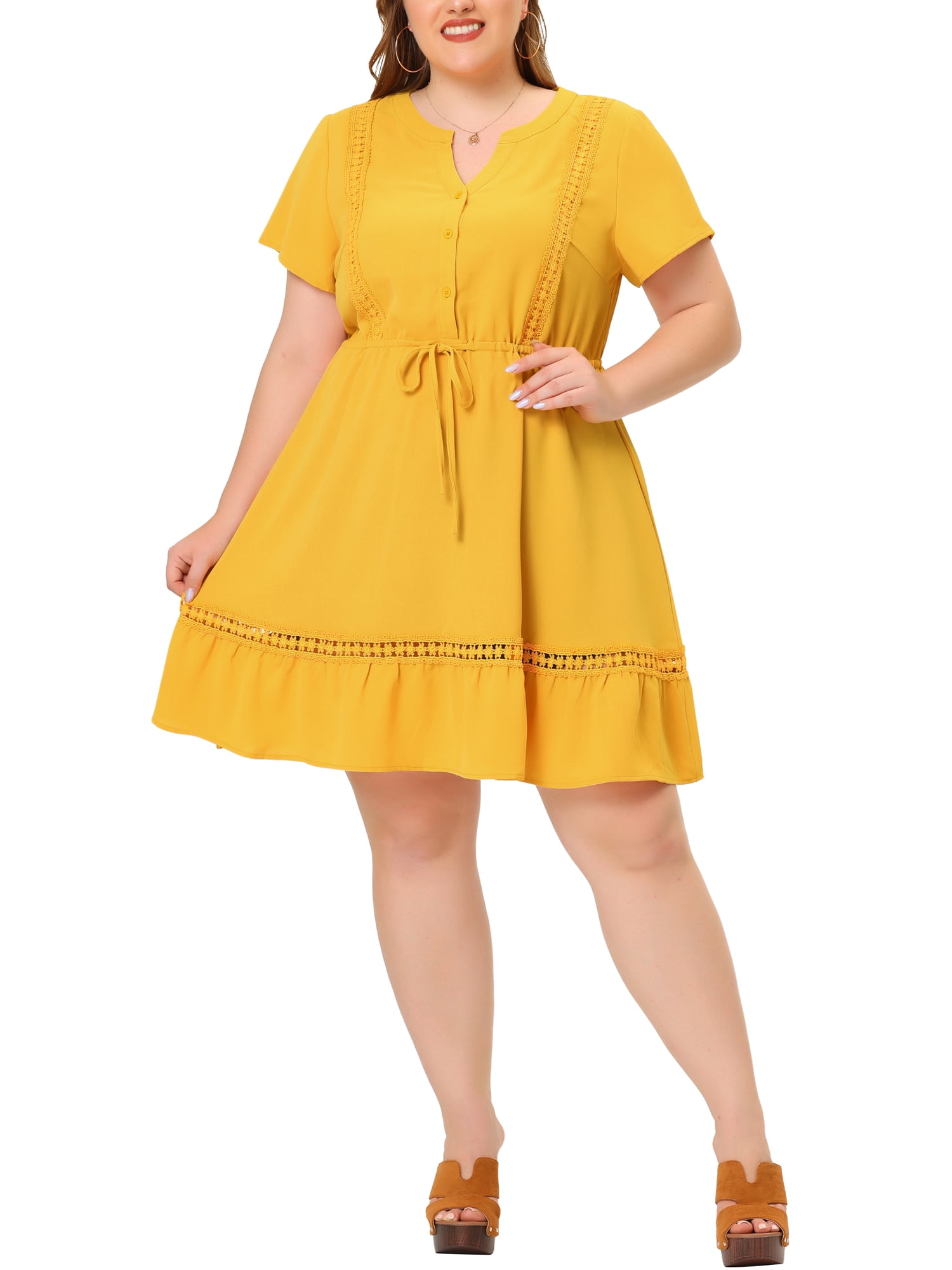 GRACE & GRANDEUR Women's Plus Size Notch Neck Short Sleeve Tie Waist ...