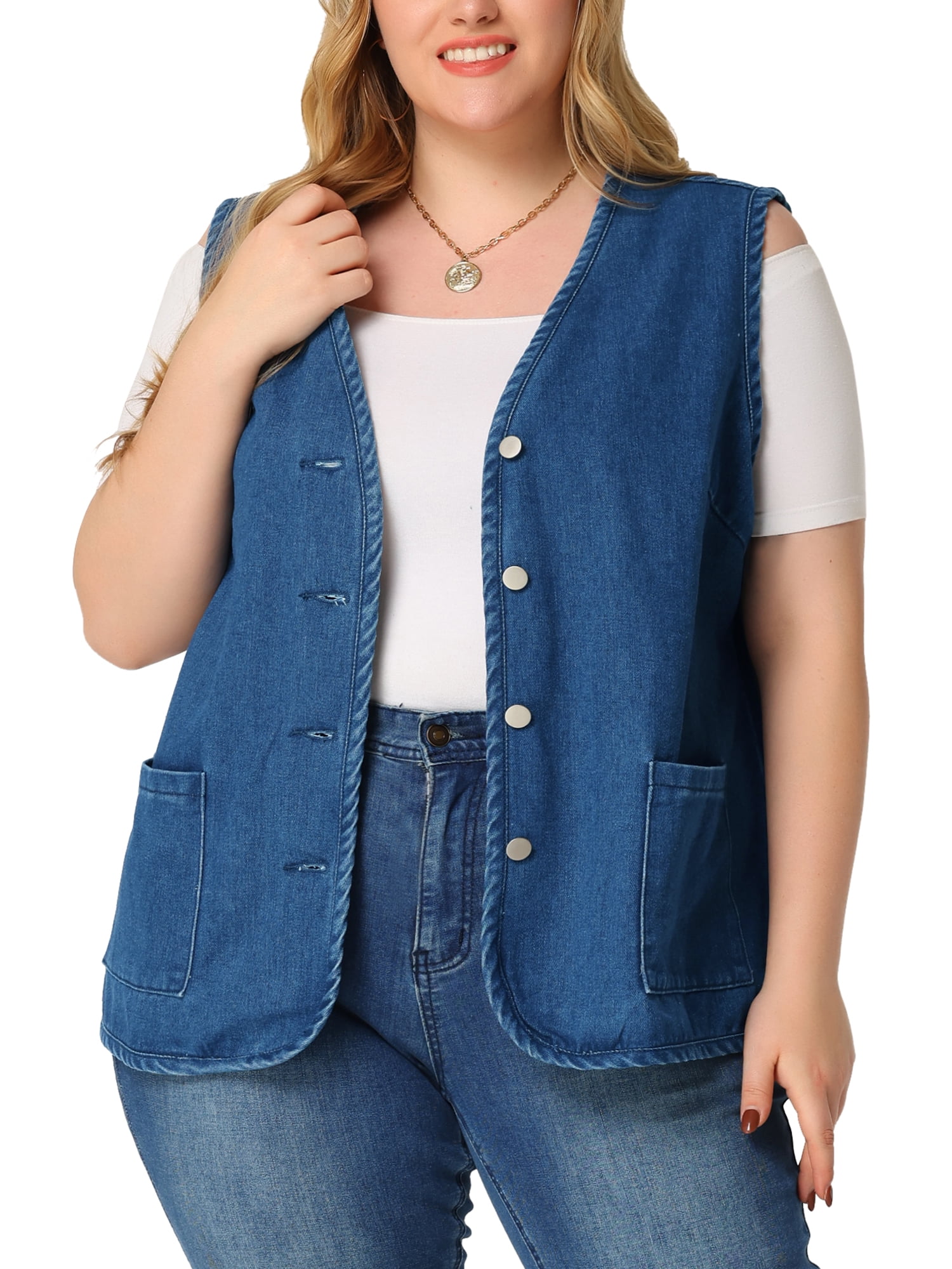 Agnes Orinda Women's Plus Size V Neck Sleeveless Button Down Jean Vest ...