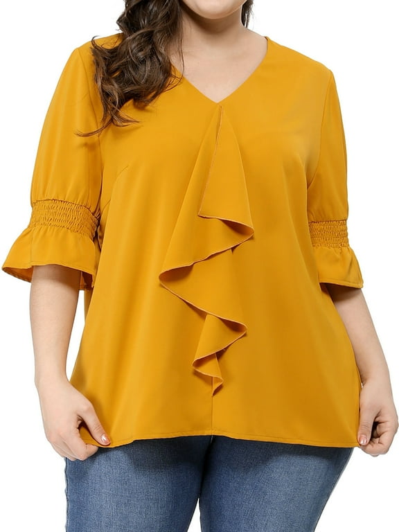 Women Plus Size Peasant V Neck Blouses Roll Up Long Sleeve Baggy ...