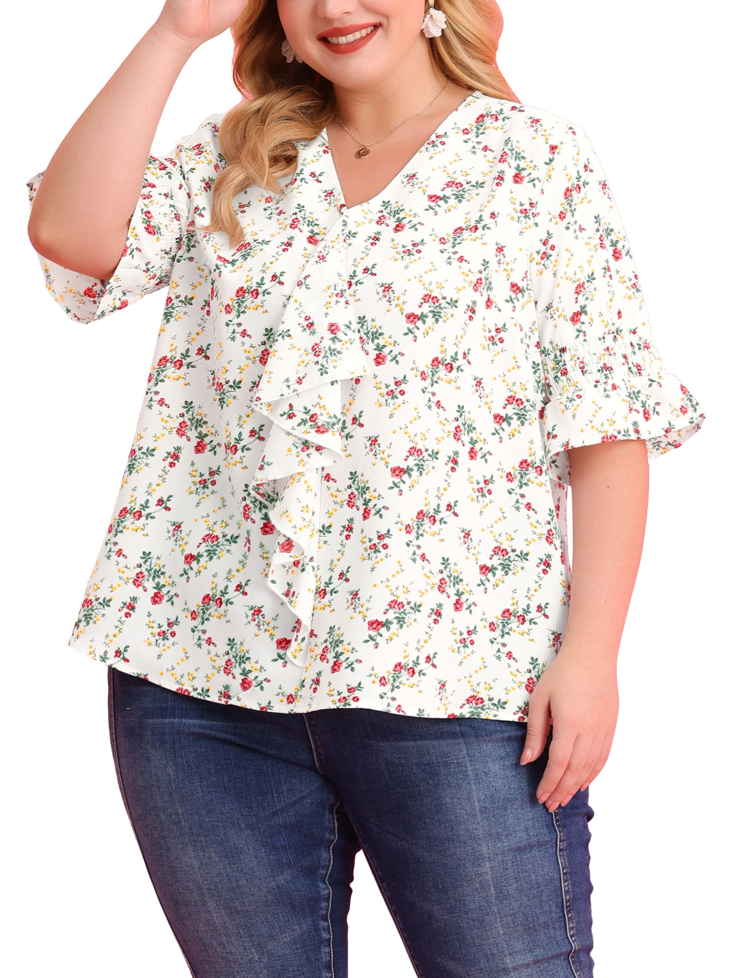 Agnes Orinda Women's Plus Size V Neck Smocked Sleeves Ruffled Blouse 3X ...