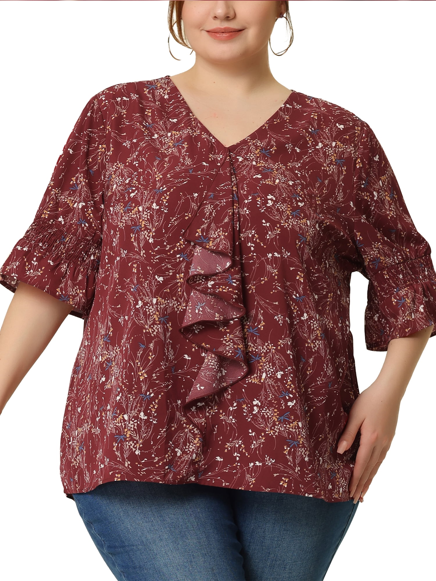 Agnes Orinda Womens Plus Size V Neck Smocked Sleeves Ruffled Front