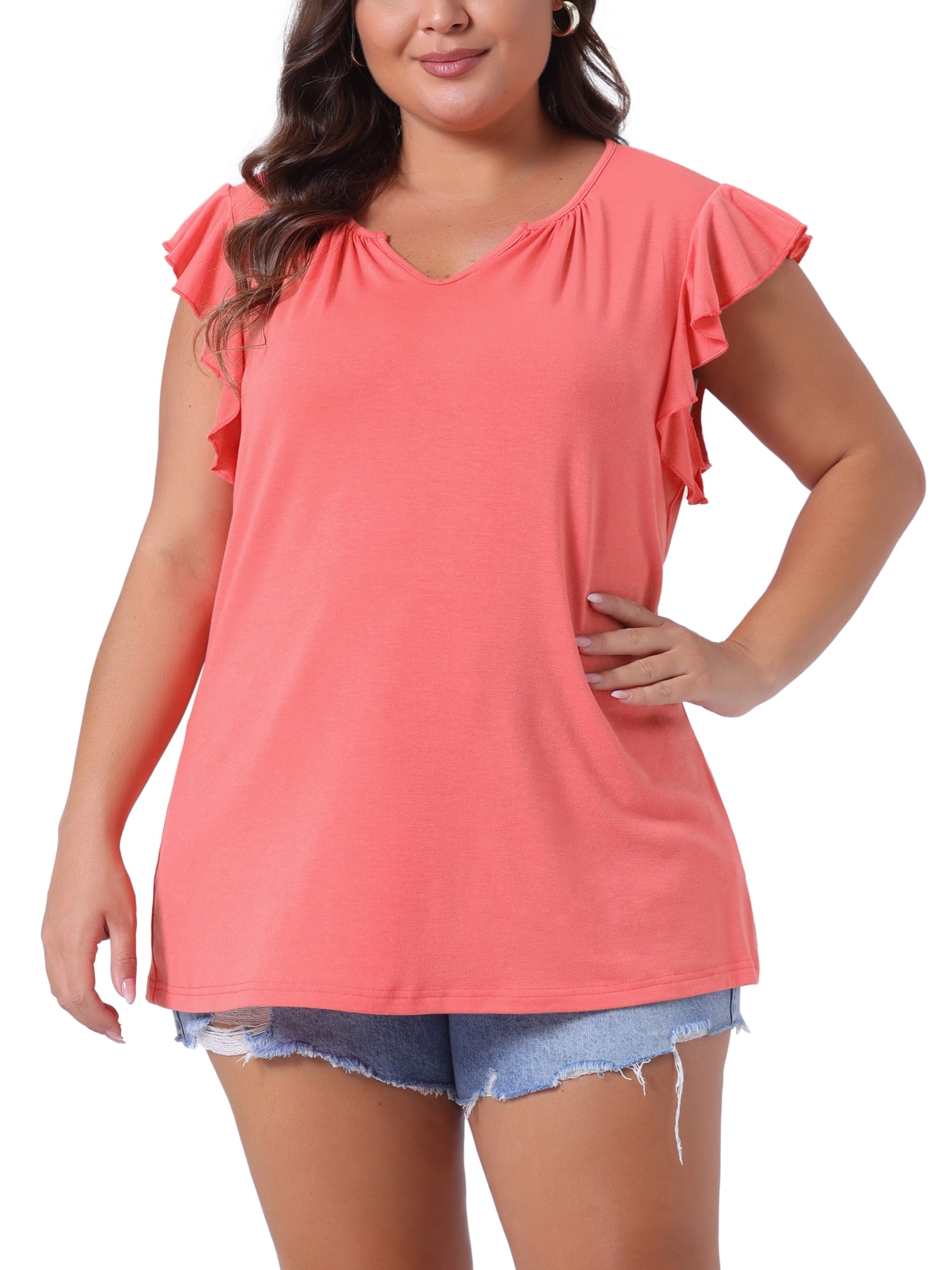Agnes Orinda Women's Plus Size V Neck T Shirt Ruffle Sleeveless Summer ...