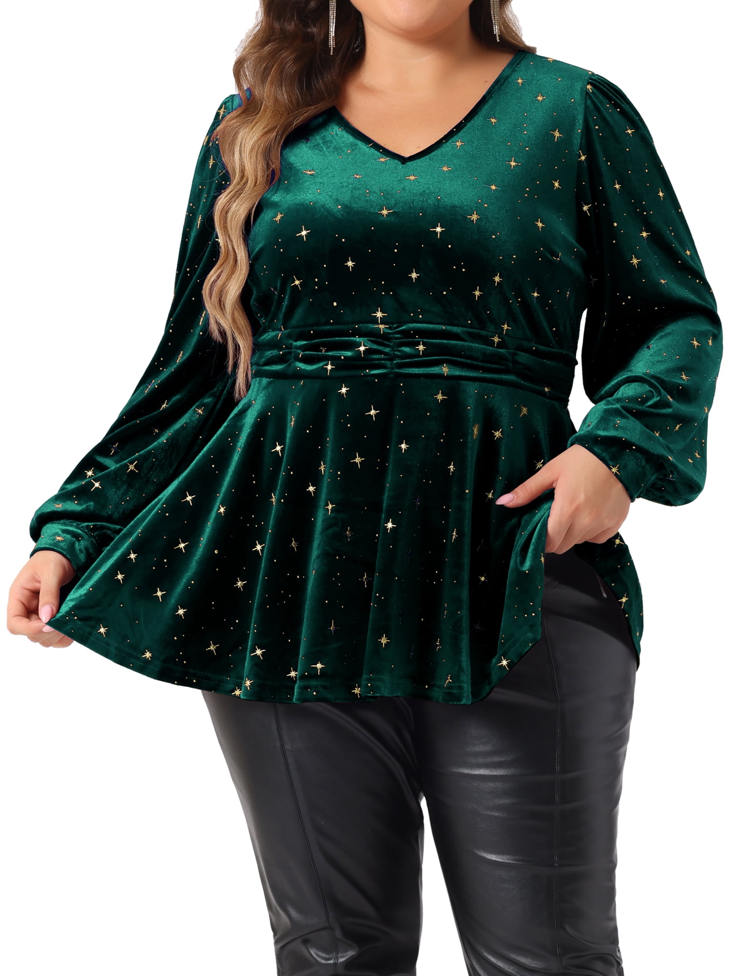 Agnes Orinda Women's Plus Size Velvet V Neck Long Sleeve Shiny Gilding ...