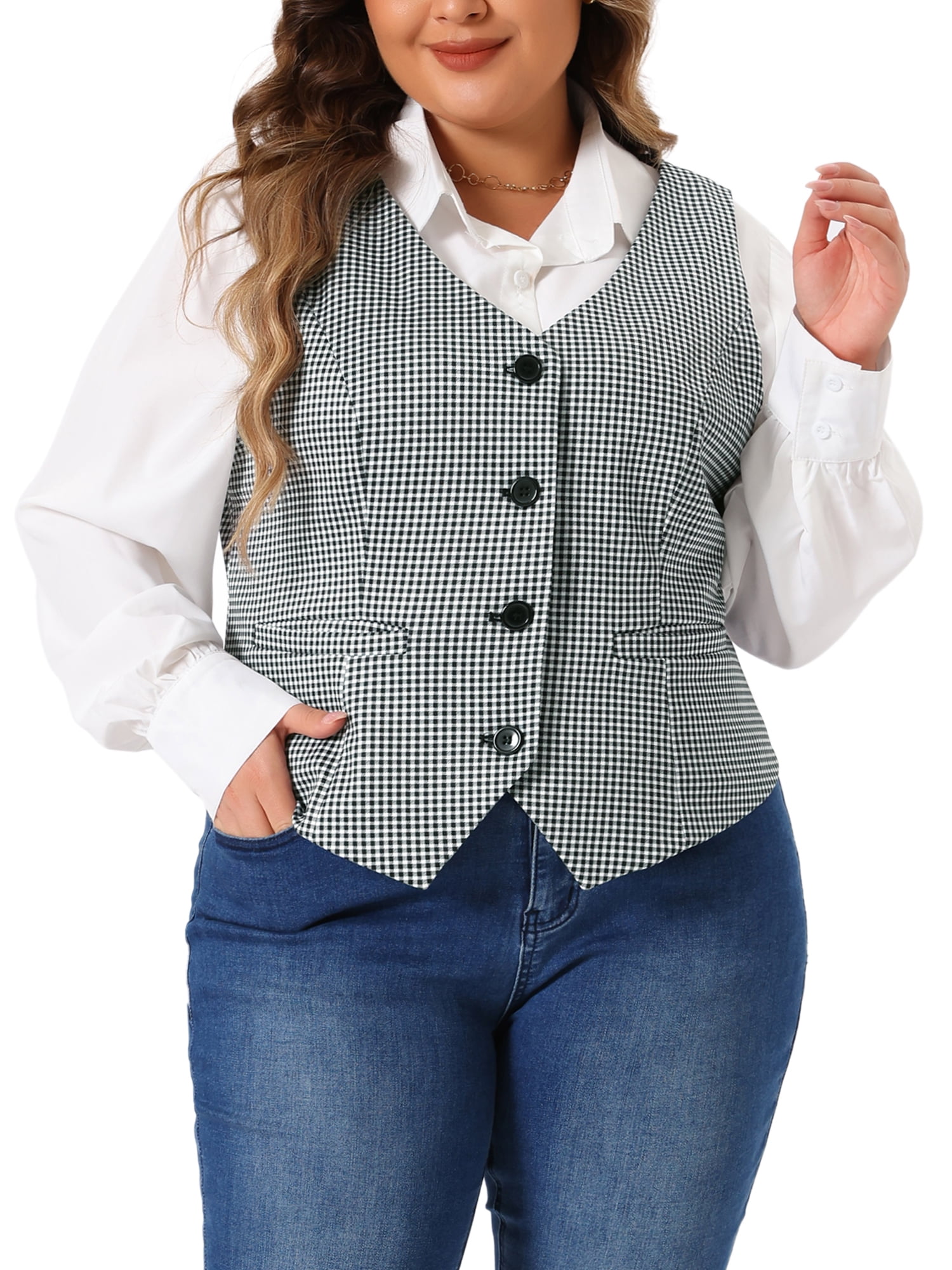 Agnes Orinda Women's Plus Size Vest Plaid Sleeveless Waistcoat Two ...