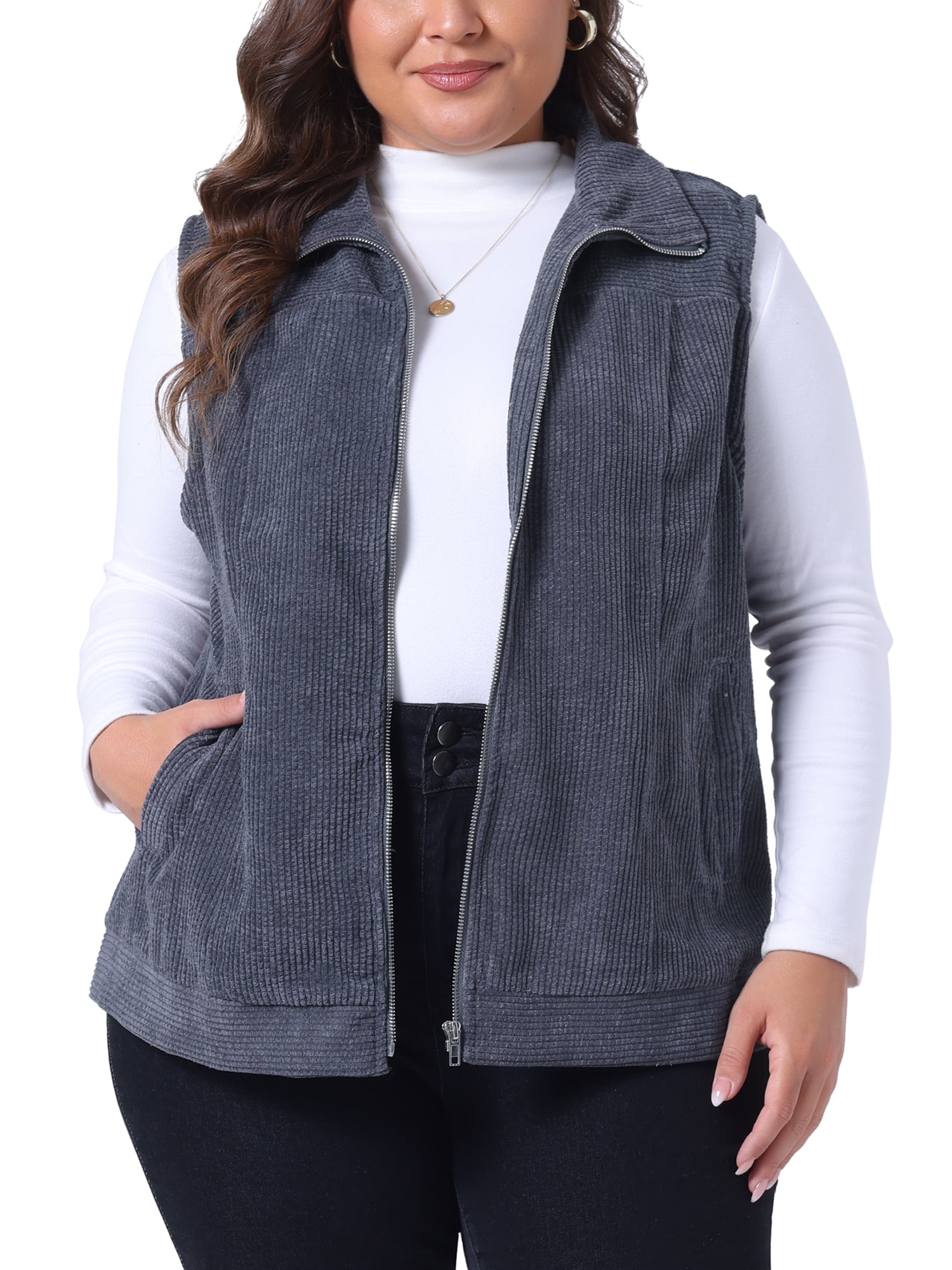 Agnes Orinda Women's Plus Size Vest Zipper Side Pocket Casual Corduroy ...