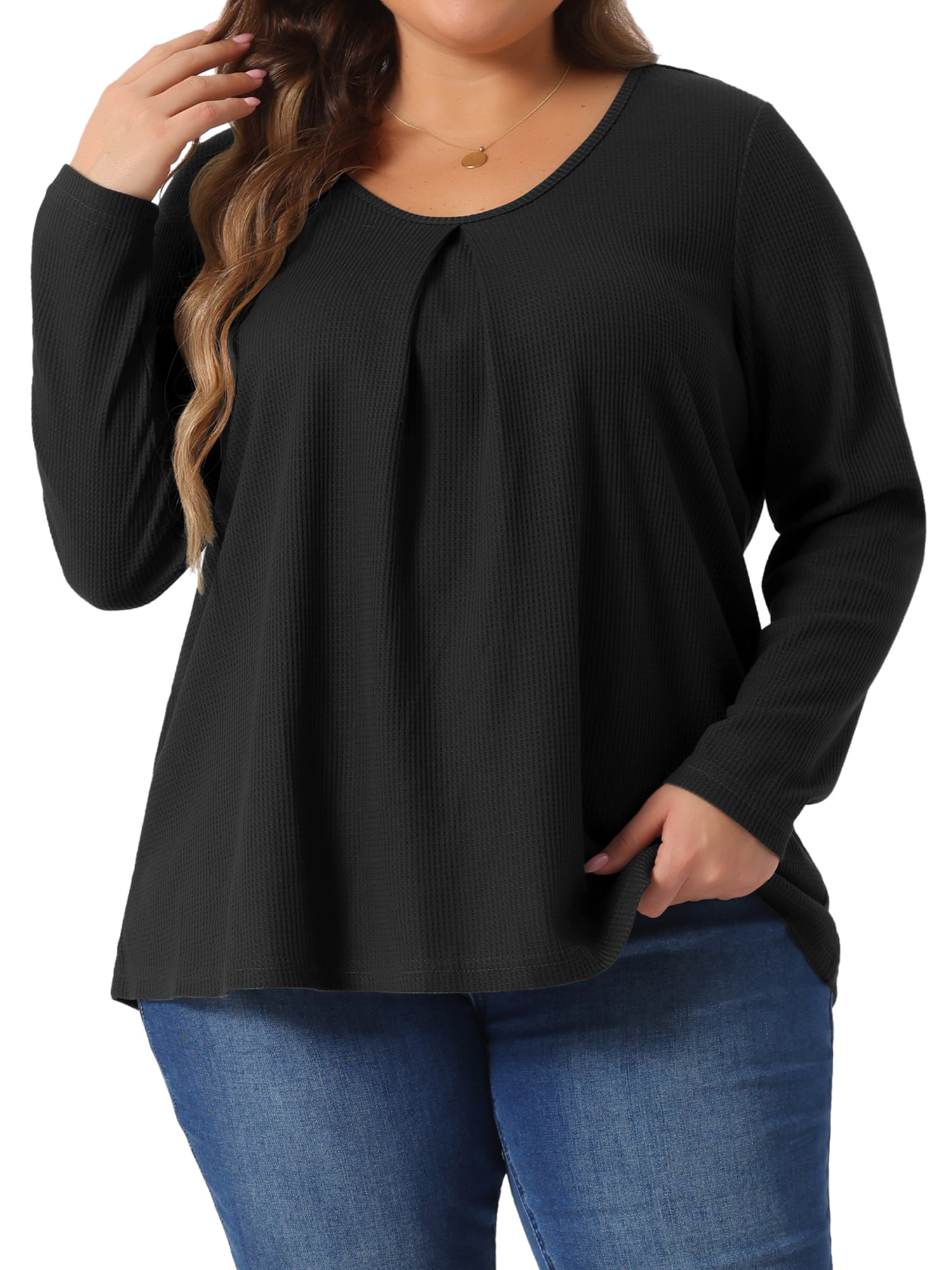 Agnes Orinda Women's Plus Size Waffle Knit Crew Neck Pleat Front Long ...