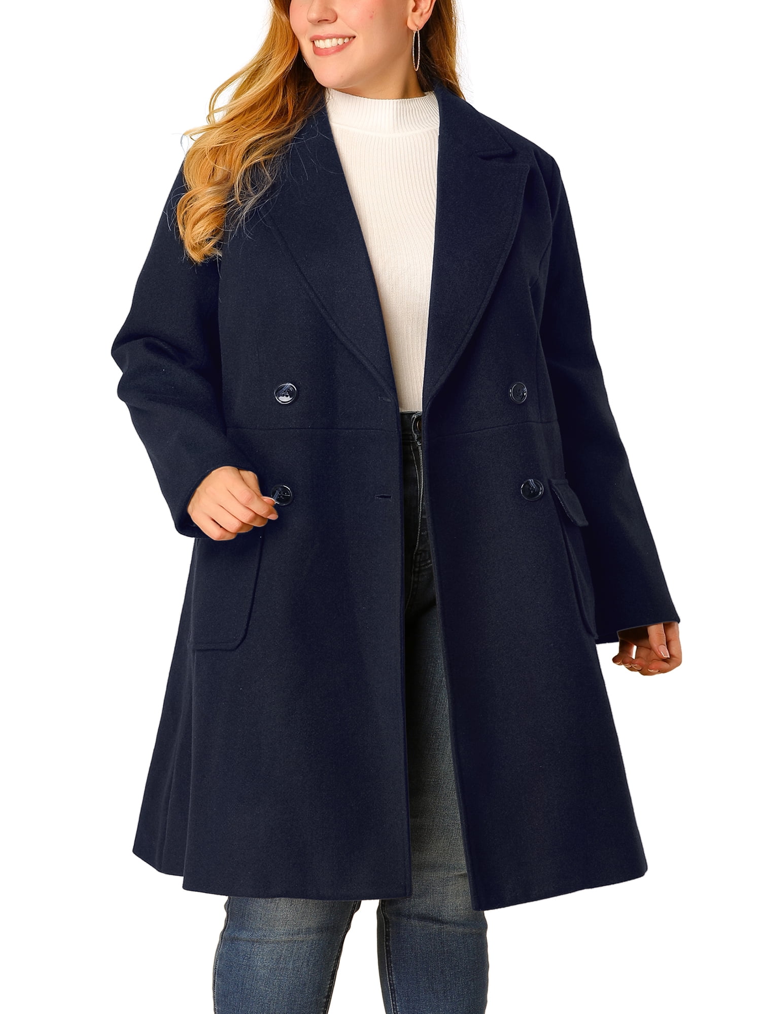 Women's Plus Size Long Winter Coats Notch Lapel Double Breasted Pea ...