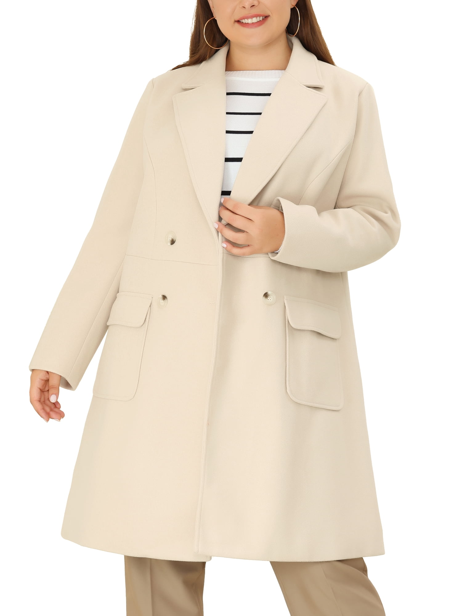 Women's Plus Size Long Winter Coats Notch Lapel Double Breasted Pea ...