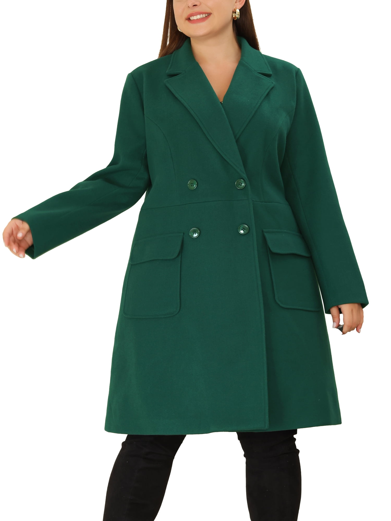 Women's Plus Size Long Winter Coats Notch Lapel Double Breasted Pea ...