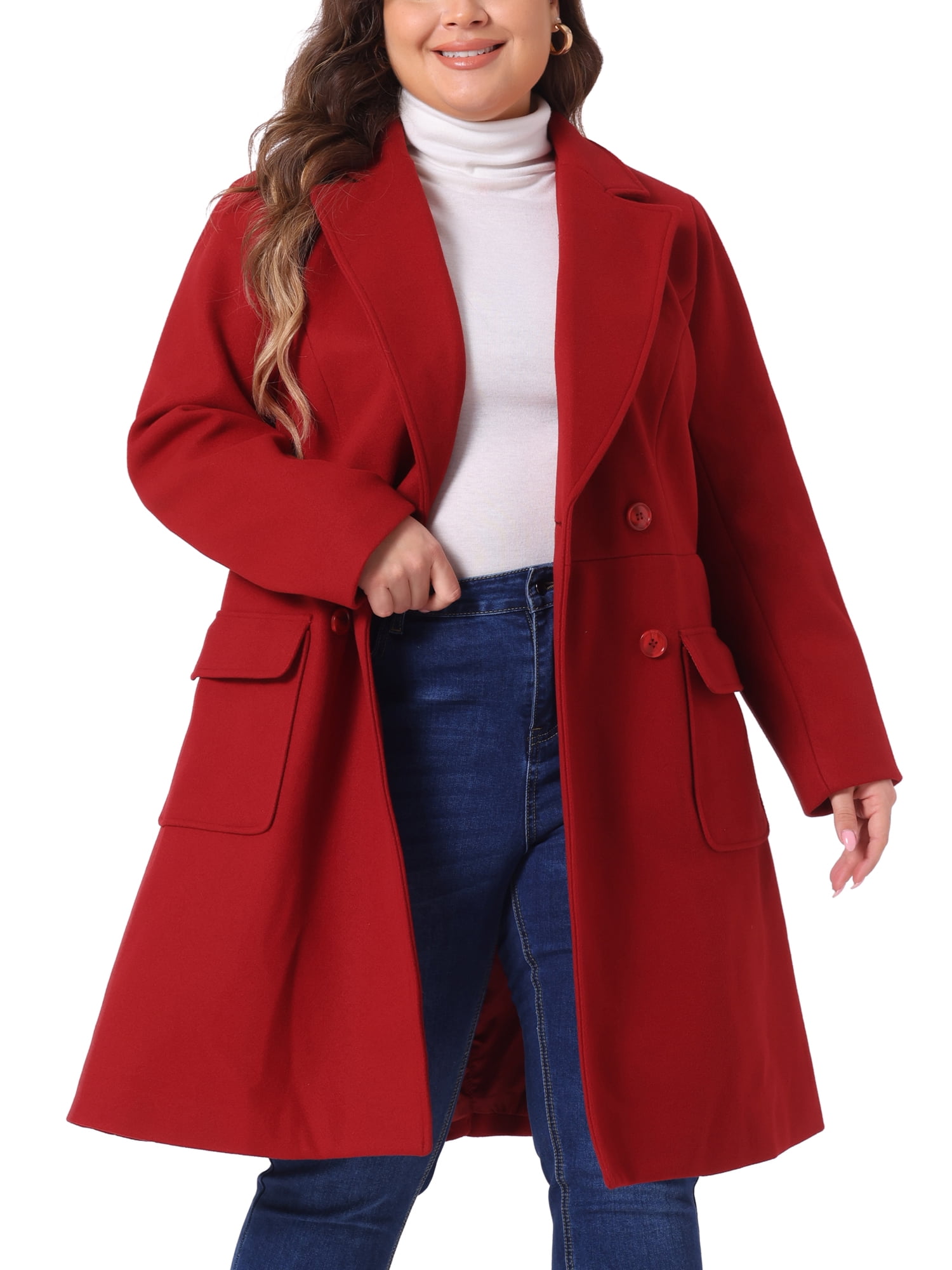 Women's Plus Size Long Winter Coats Notch Lapel Double Breasted Pea ...