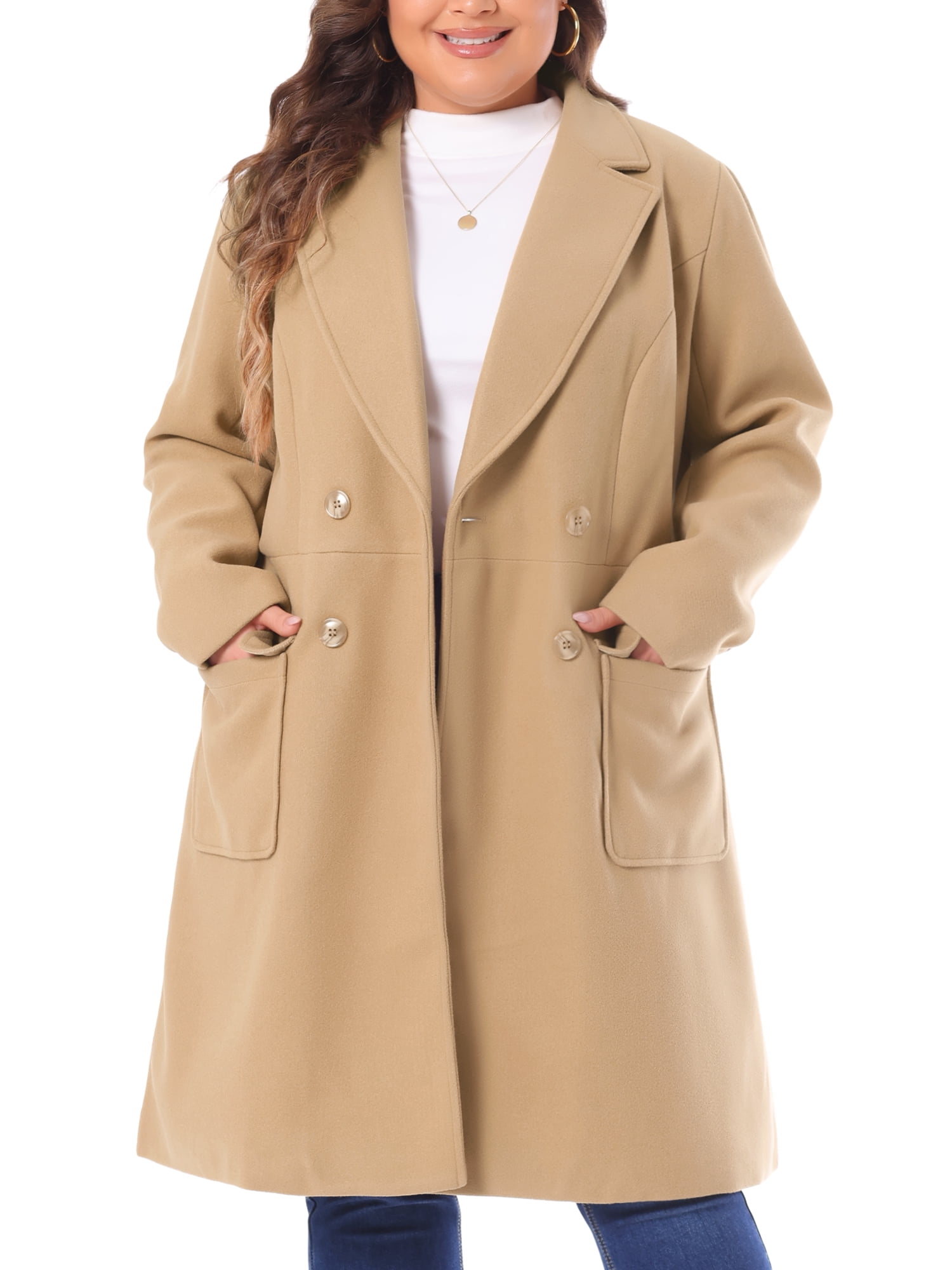 Women's Plus Size Long Winter Coats Notch Lapel Double Breasted Pea ...