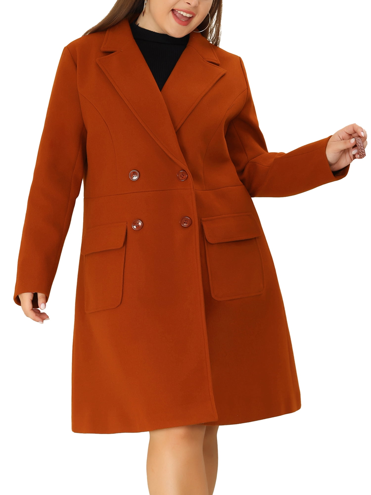 Women's Plus Size Long Winter Coats Notch Lapel Double Breasted Pea ...