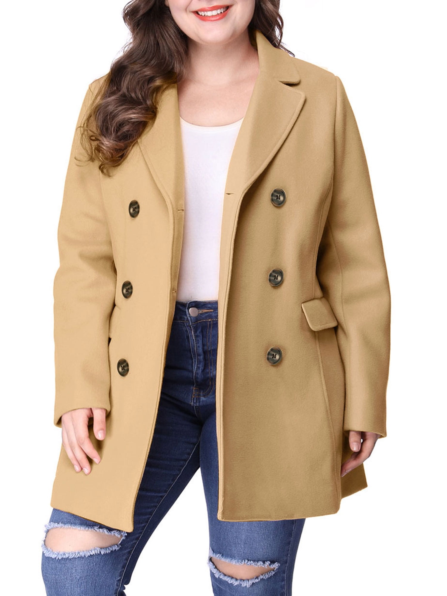 Agnes Orinda Women's Plus Size Long Winter Jacket, Notched Lapel Double ...
