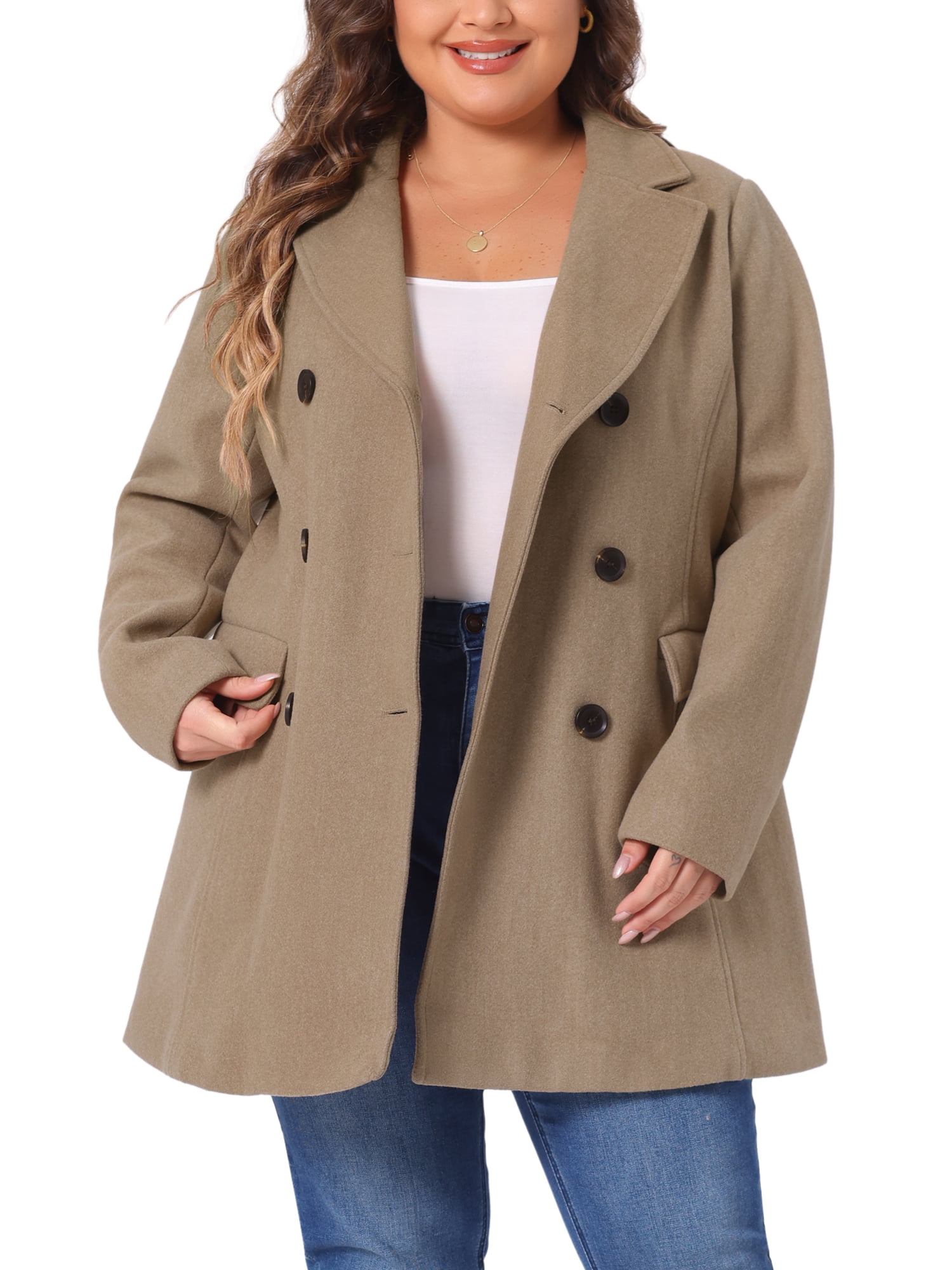 Women's Plus Size Notched Lapel Double Breasted Long Coat for Stylish ...