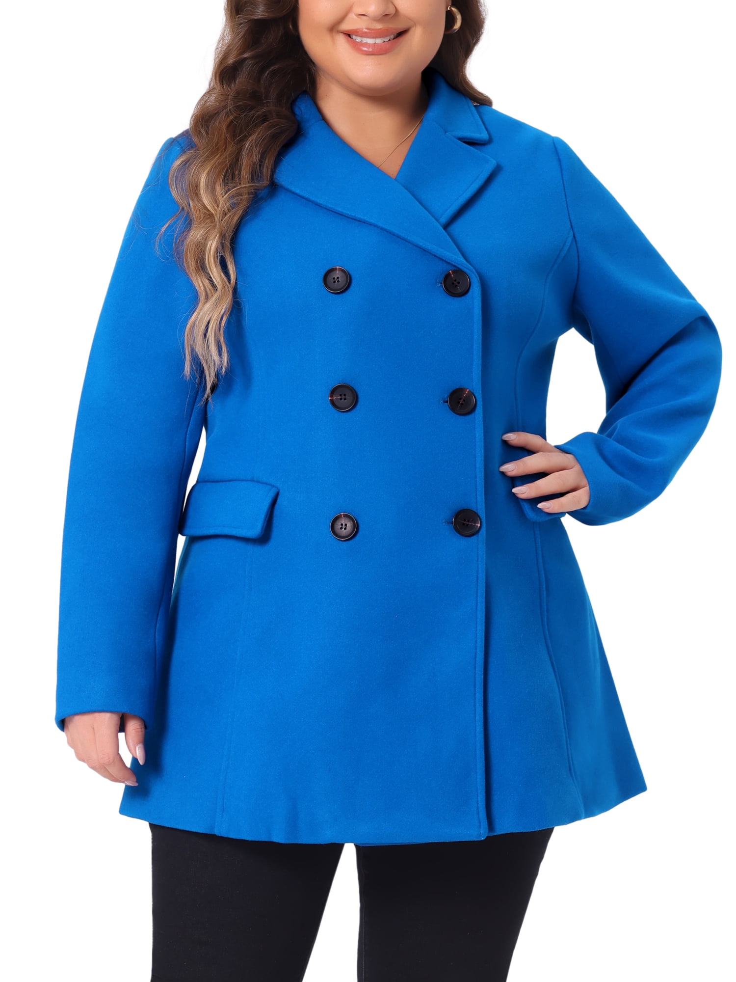 Agnes Orinda Women's Plus Size Winter Coats Notched Lapel Double Breasted Jackets 4X Royal Blue ...