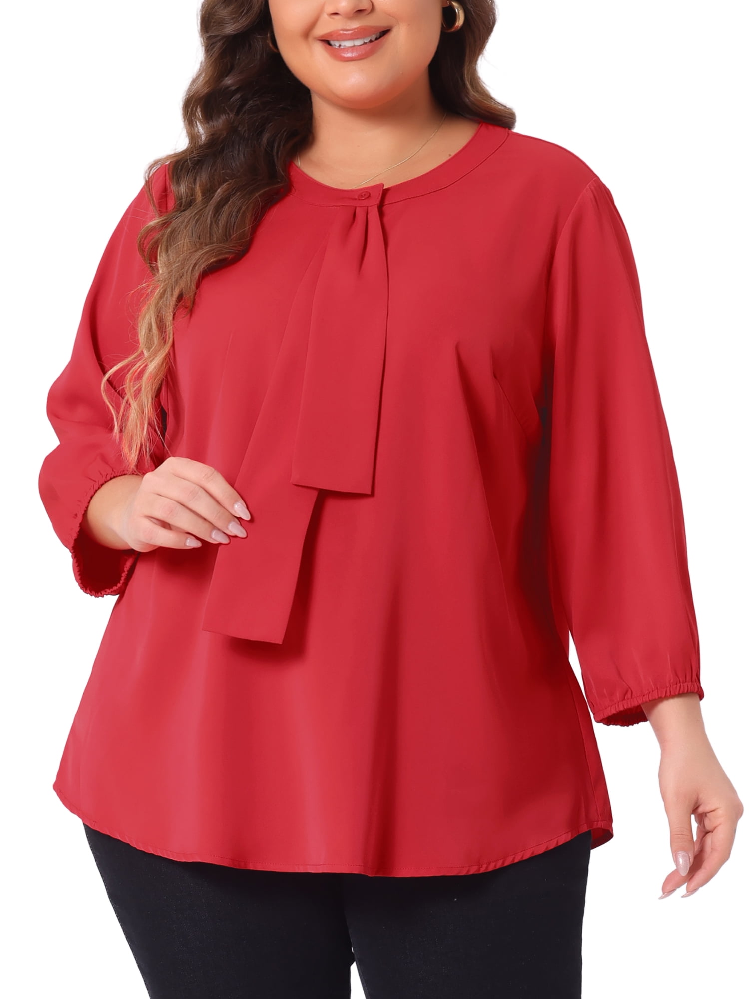 Agnes Orinda Women's Plus Size Tops Work Round Neck Ruffle Chiffon ...