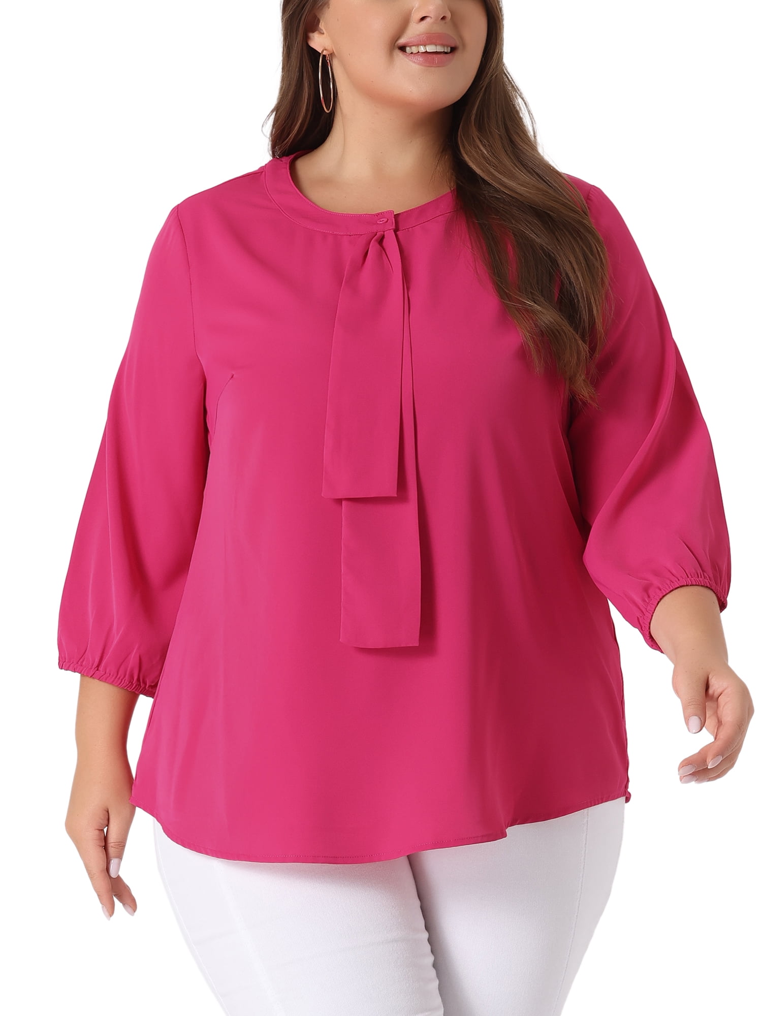 Agnes Orinda Women's Plus Size Tops Round Neck 3/4 Sleeve Solid Chiffon ...
