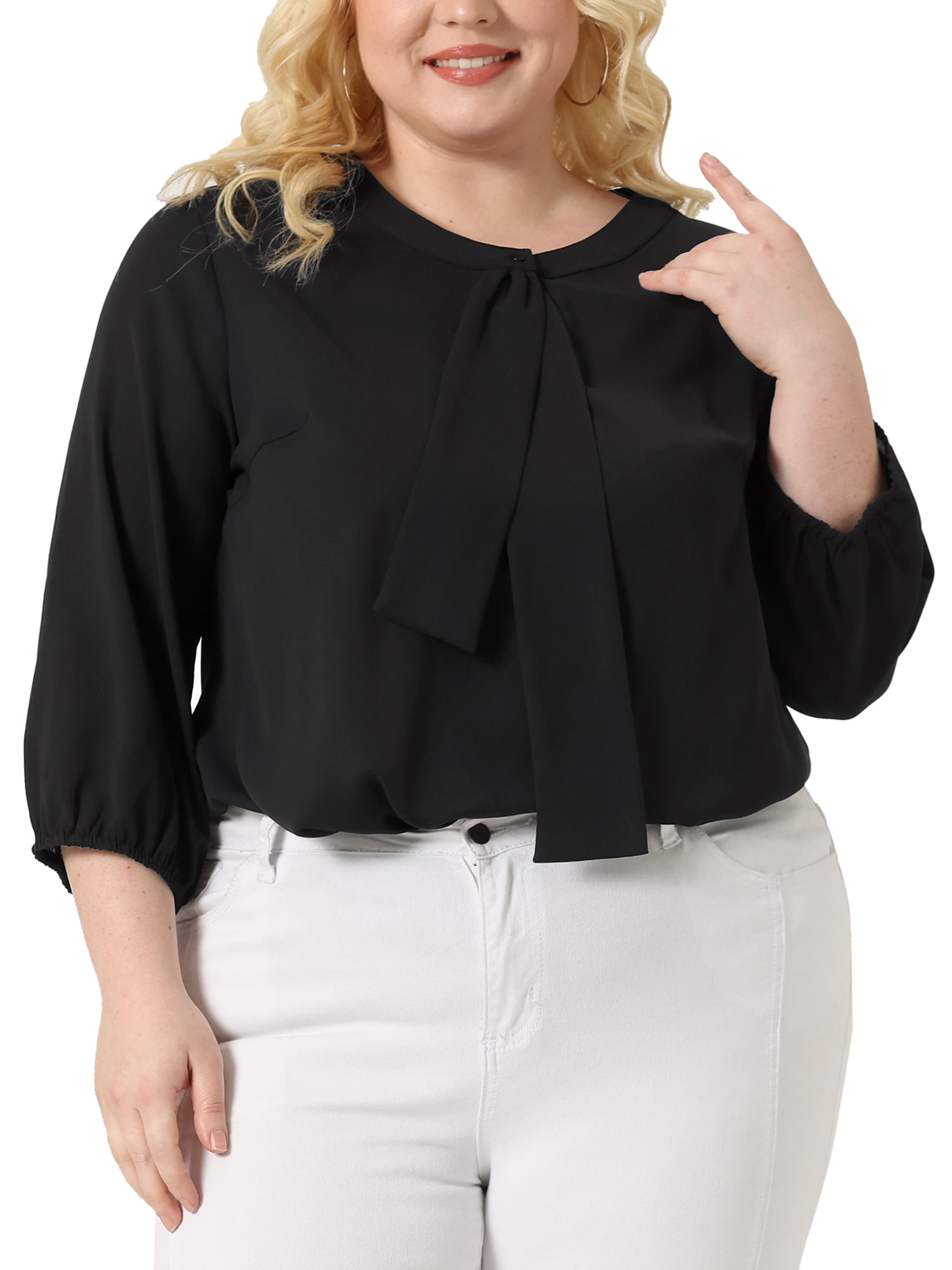 Agnes Orinda Women's Plus Size Tops Work Round Neck Ruffle Chiffon ...