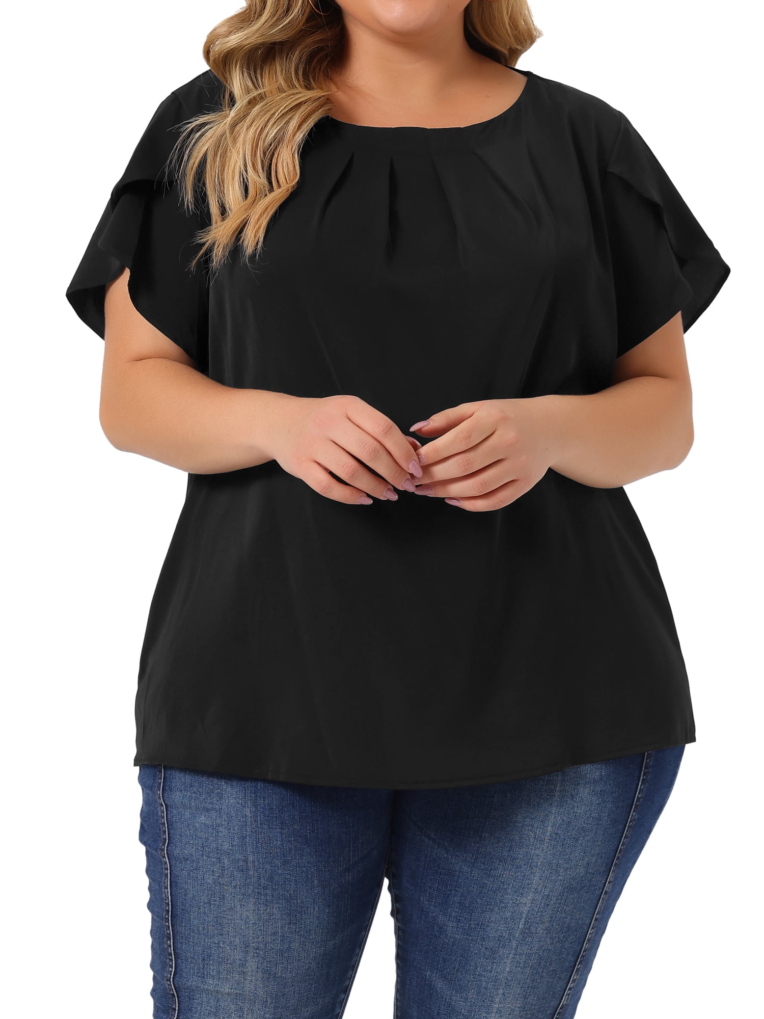 Agnes Orinda Women's Plus Size Work Pleated Short Sleeve Round Neck ...