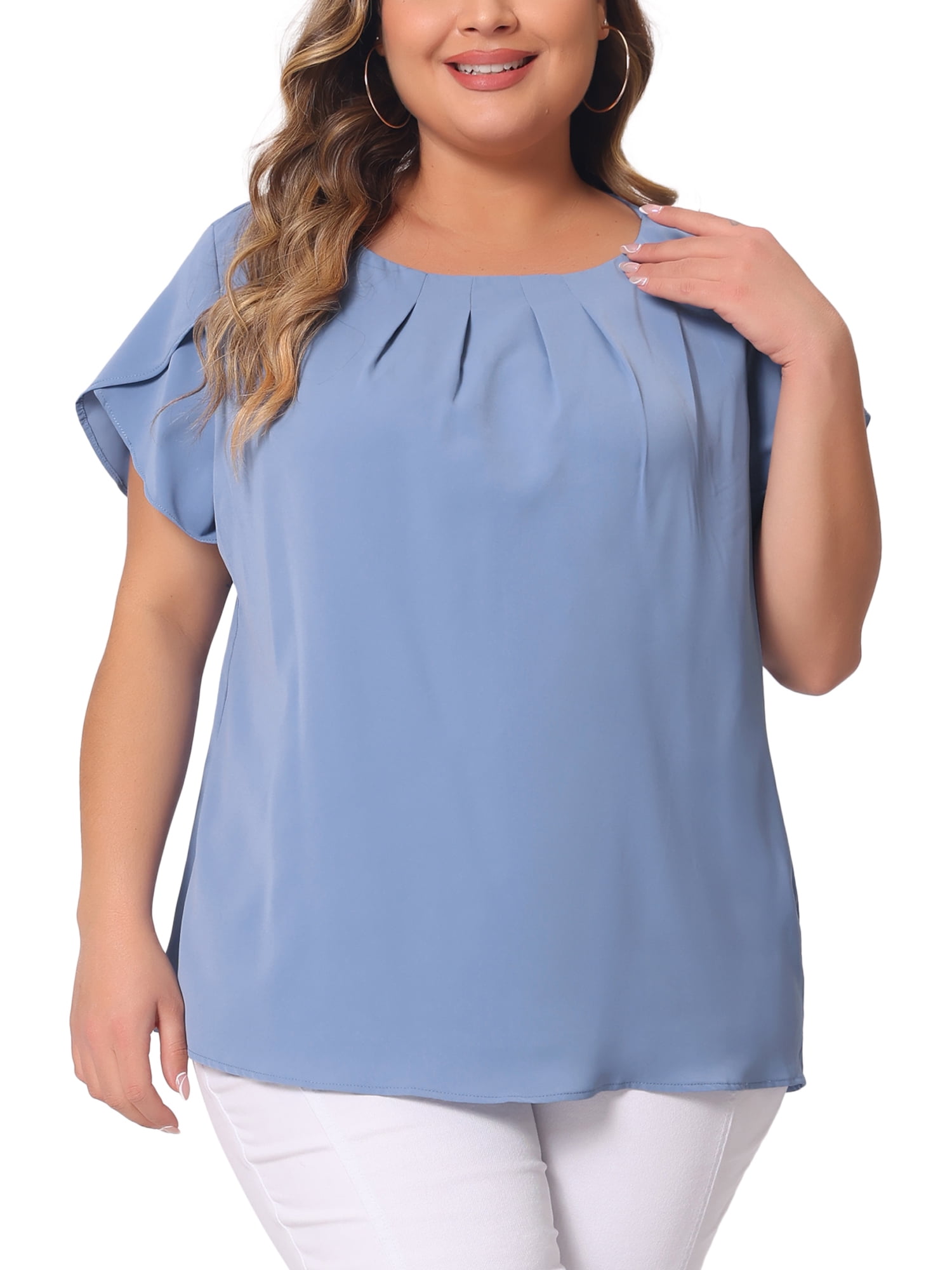 Agnes Orinda Women's Plus Size Work Pleated Short Sleeve Round Neck ...