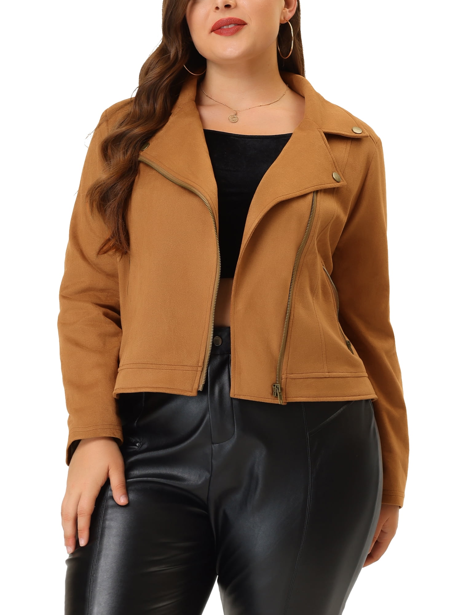 Agnes Orinda Plus Size Women's Faux Suede Zip Up Cropped Motorcycle Jacket with Flap Pockets ...