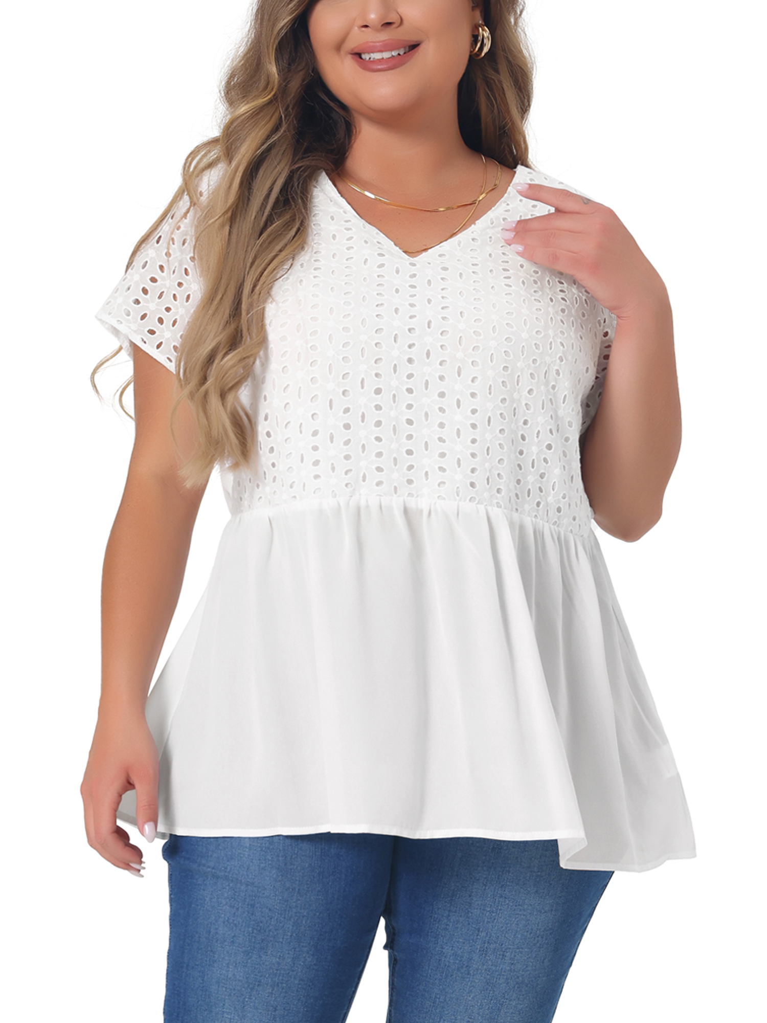 Agnes Orinda Women's Plus Top Contrast Panel V Neck Elastic Back Short ...