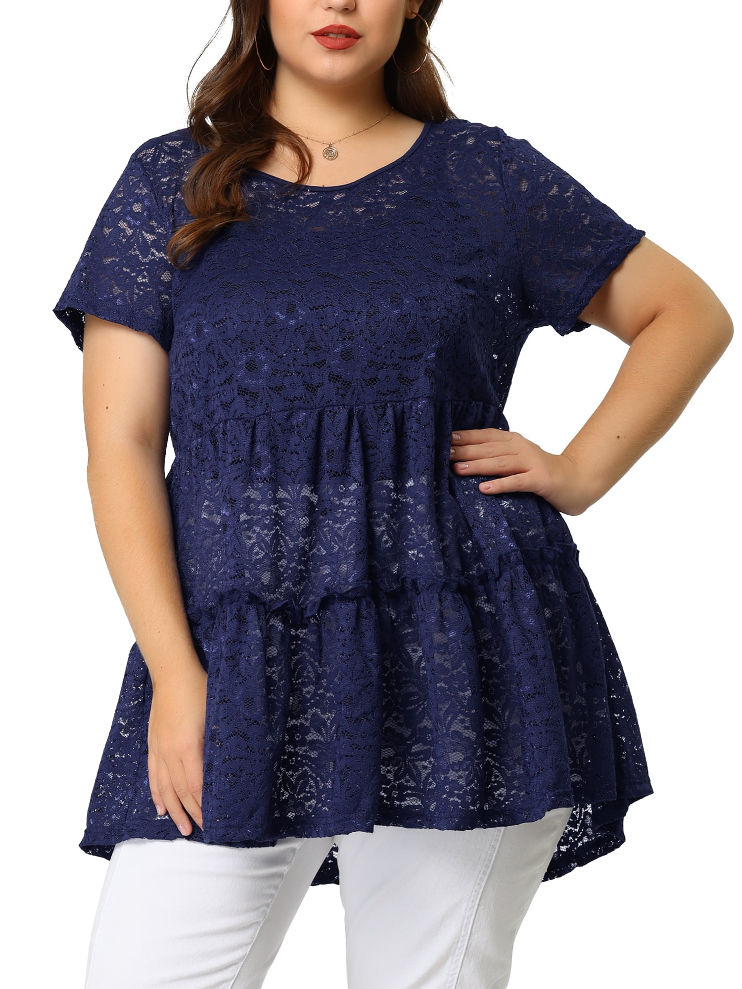 Agnes Orinda Women's Plus Size Tunic Tiered Lace Round Neck Short ...